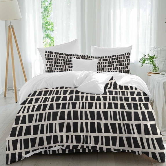 Black Linear Checkered 4 piece Duvet Cover Set, Comfort Bedding Set ...