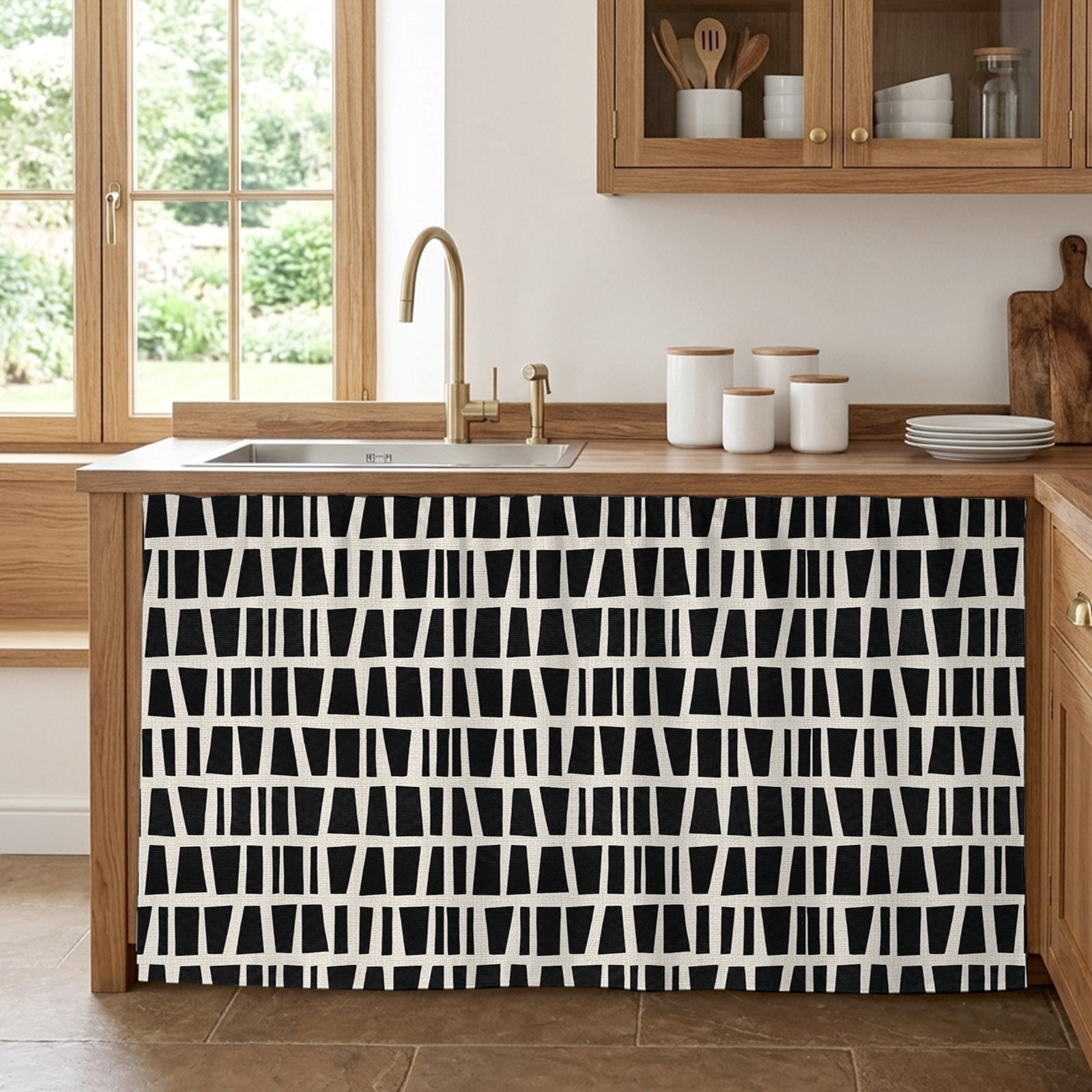 Black Linear Checkered Cabinet Curtains for Kitchen 28"Wx51"L, Modern ...