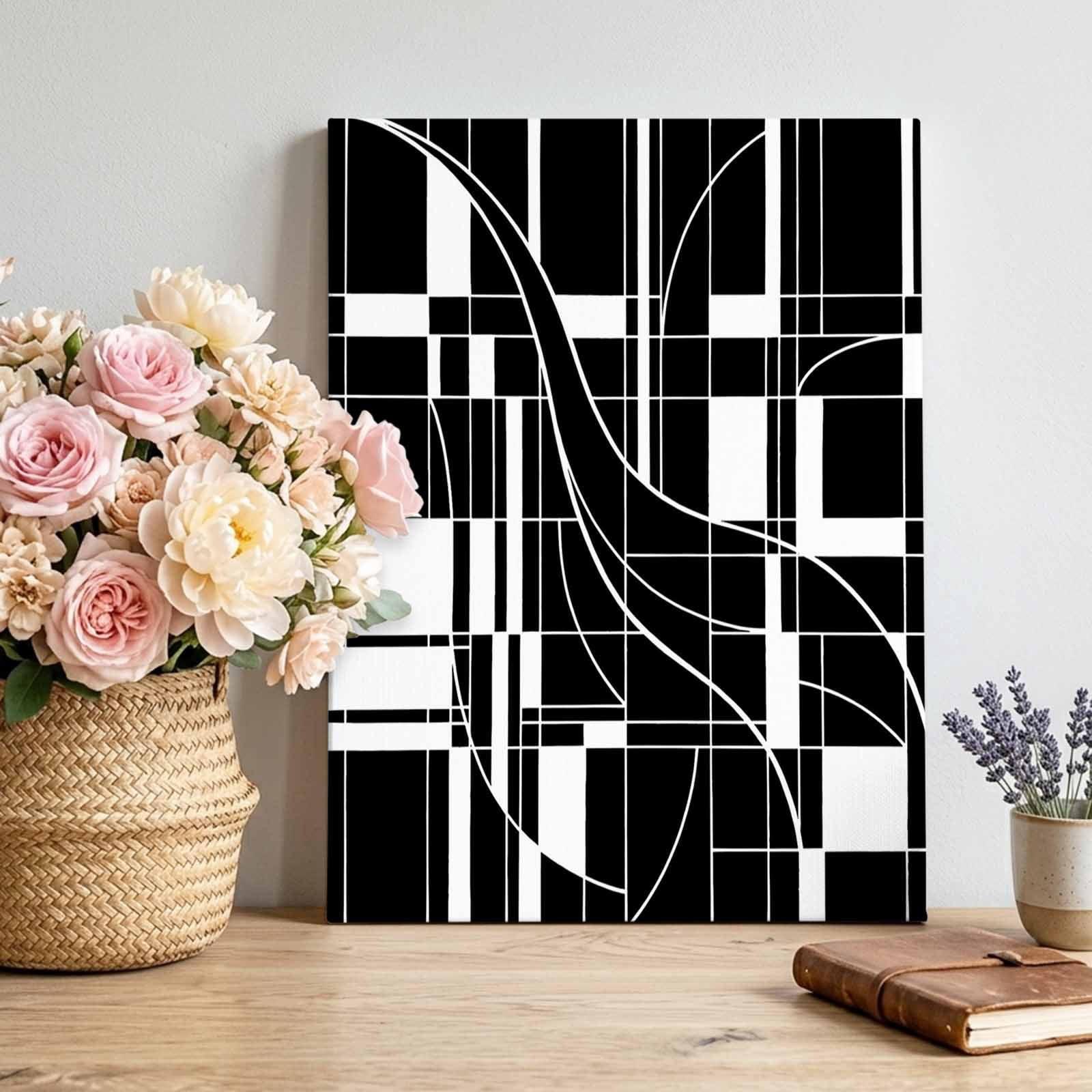 Black Linear Grid Canvas Wall Art for Living Room, Modern Abstract ...