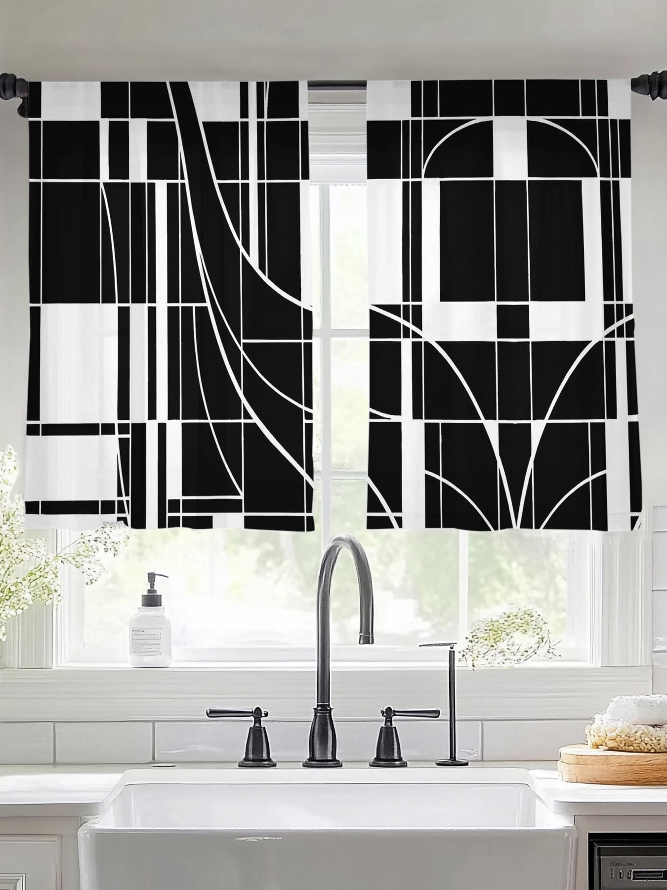 Black Linear Grid Sheer Curtains 54 inches Long, Modern Abstract ...