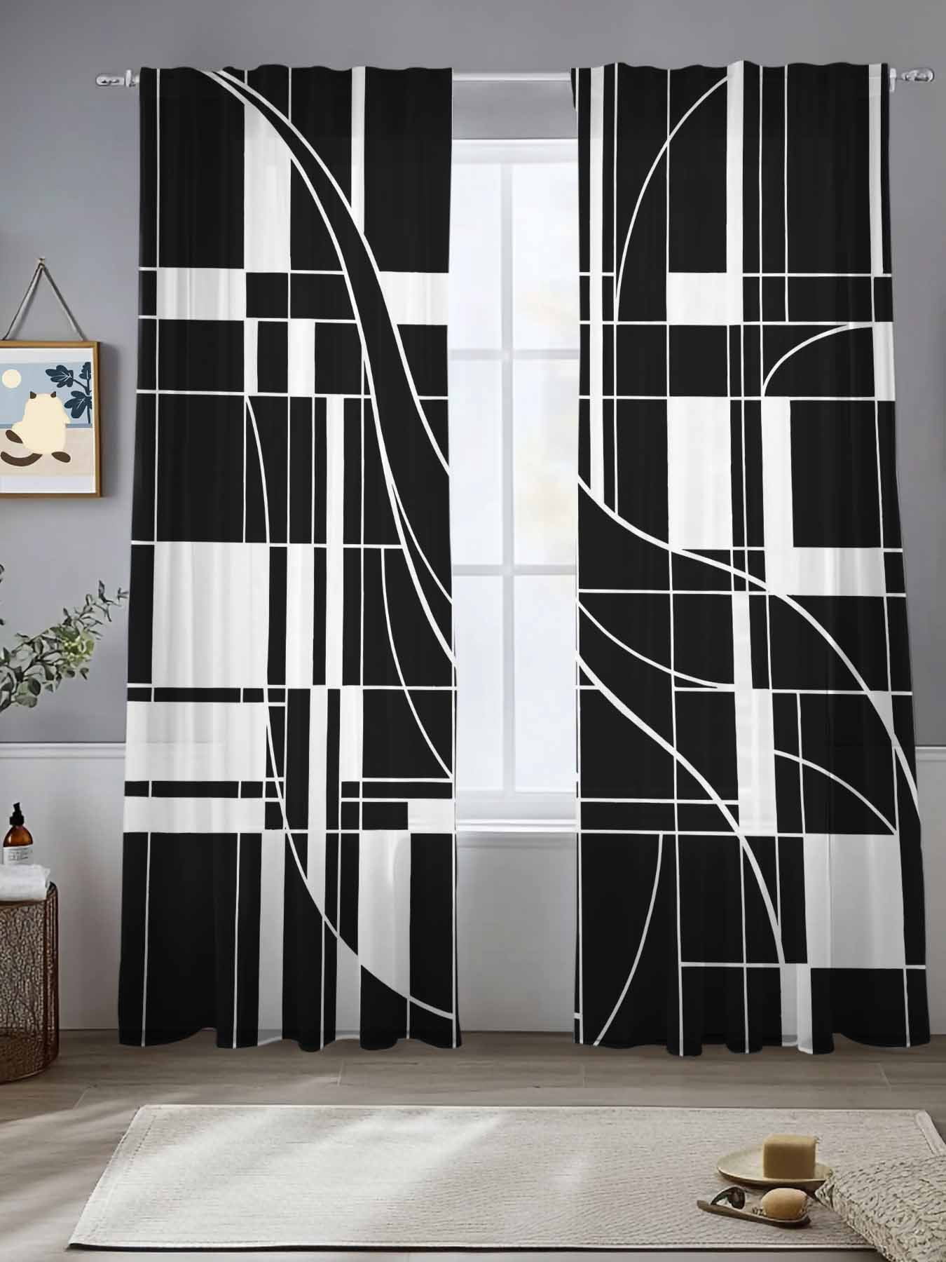 Black Linear Grid Sheer Curtains 84 inches Long, Modern Abstract ...