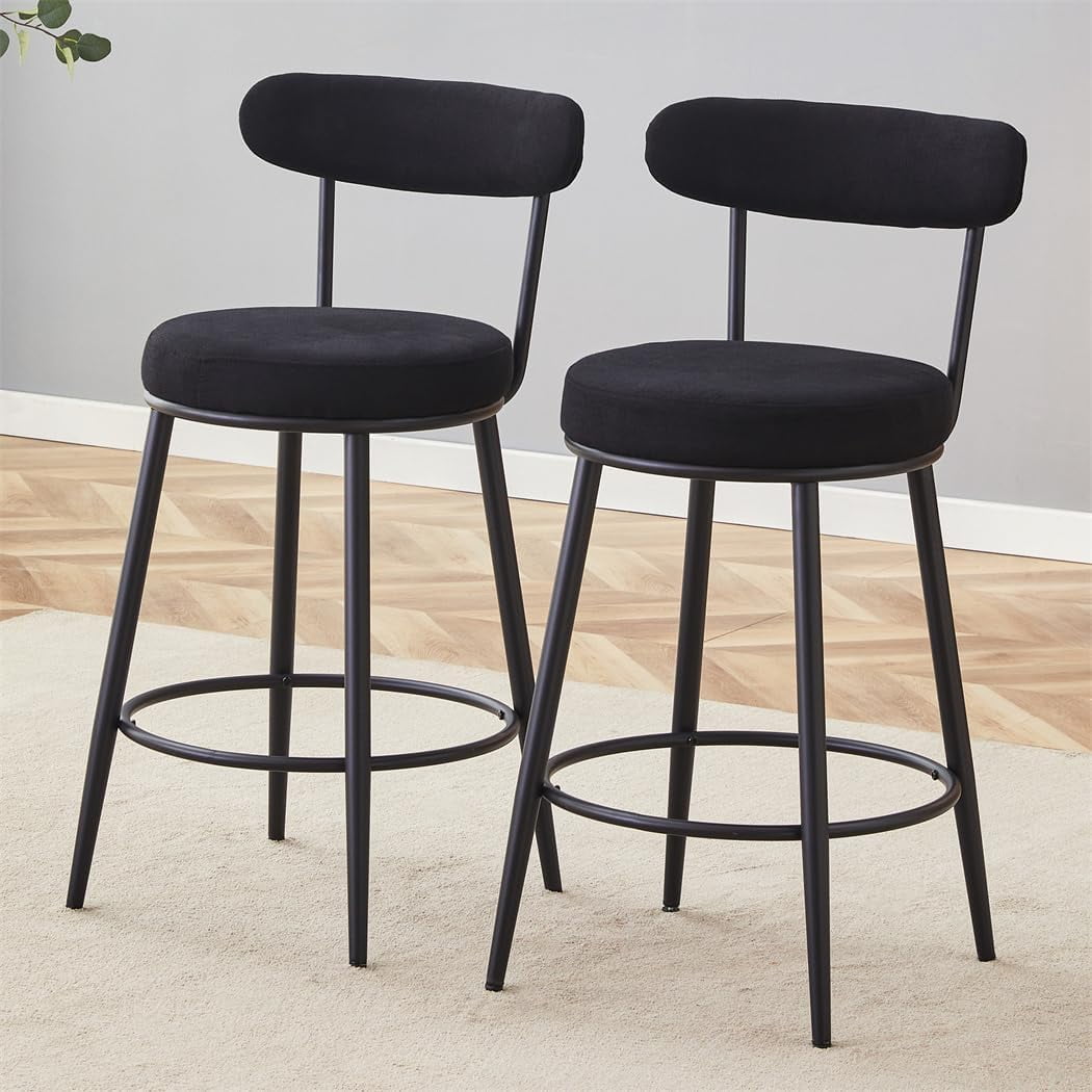 Black Linen Counter Stools Set of 2, Upholstered Bar Stools with ...