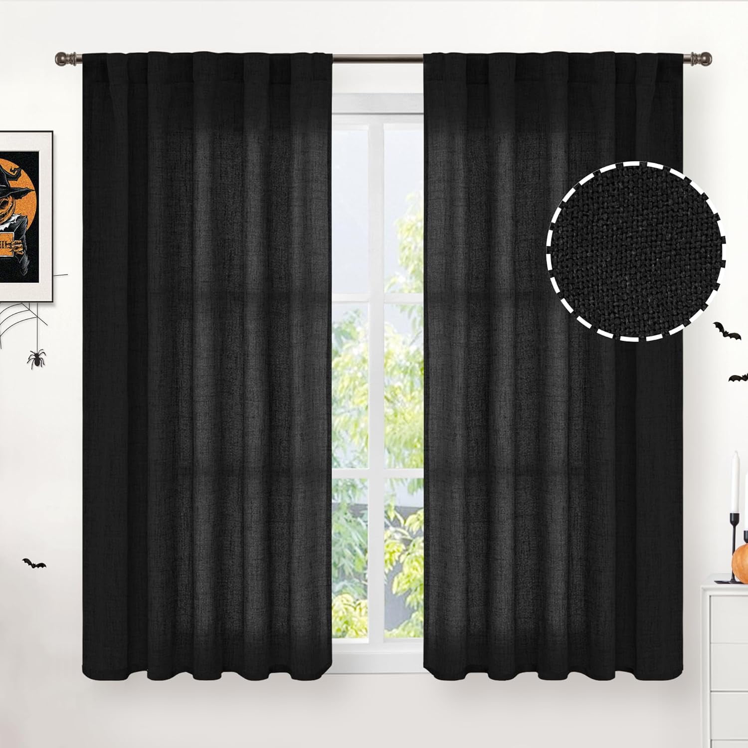 Black Linen Curtains 40 Inches Long - Short Light Filtering Drapes for ...