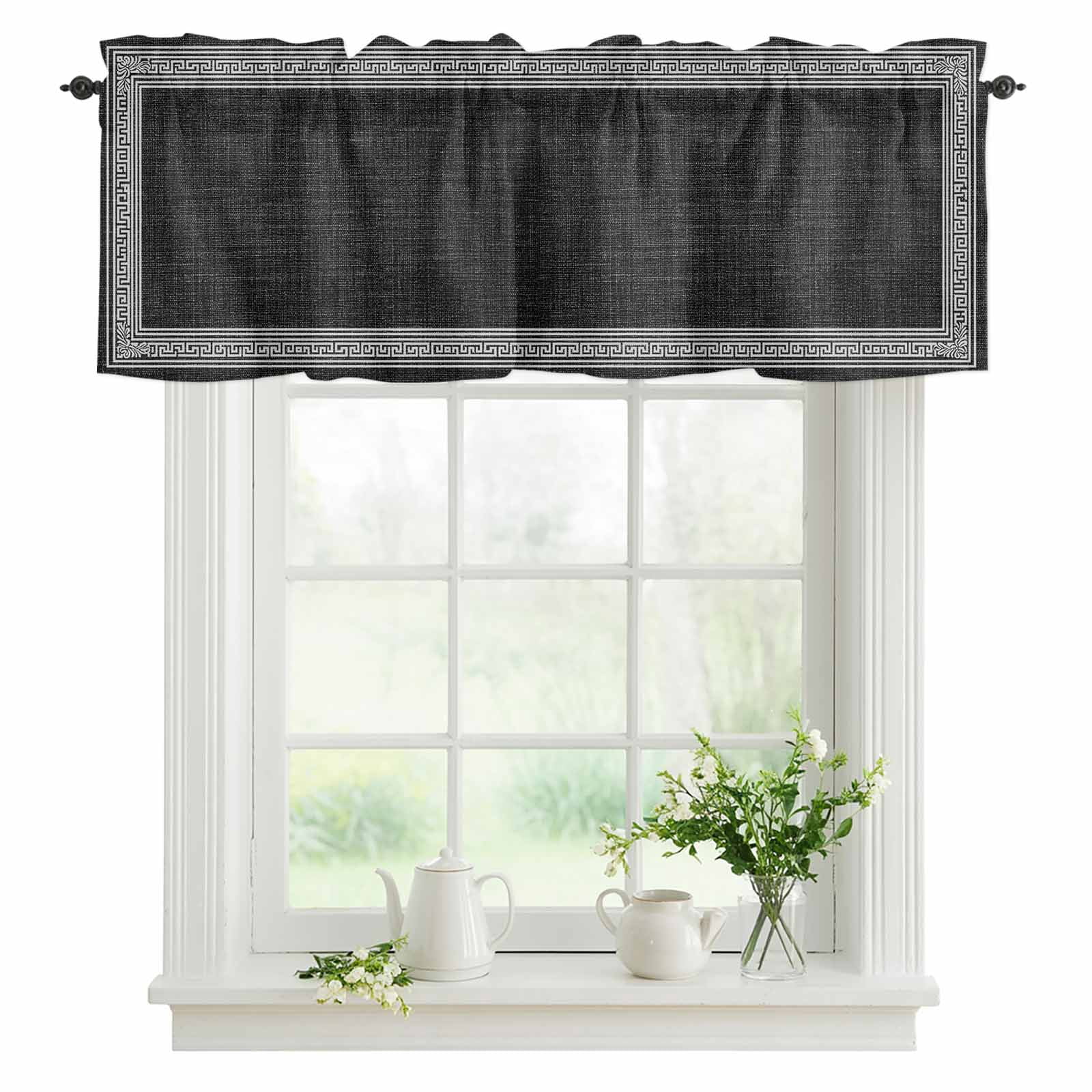 Black Linen Key Design Valances for Windows, Rod Pocket Kitchen Valance ...