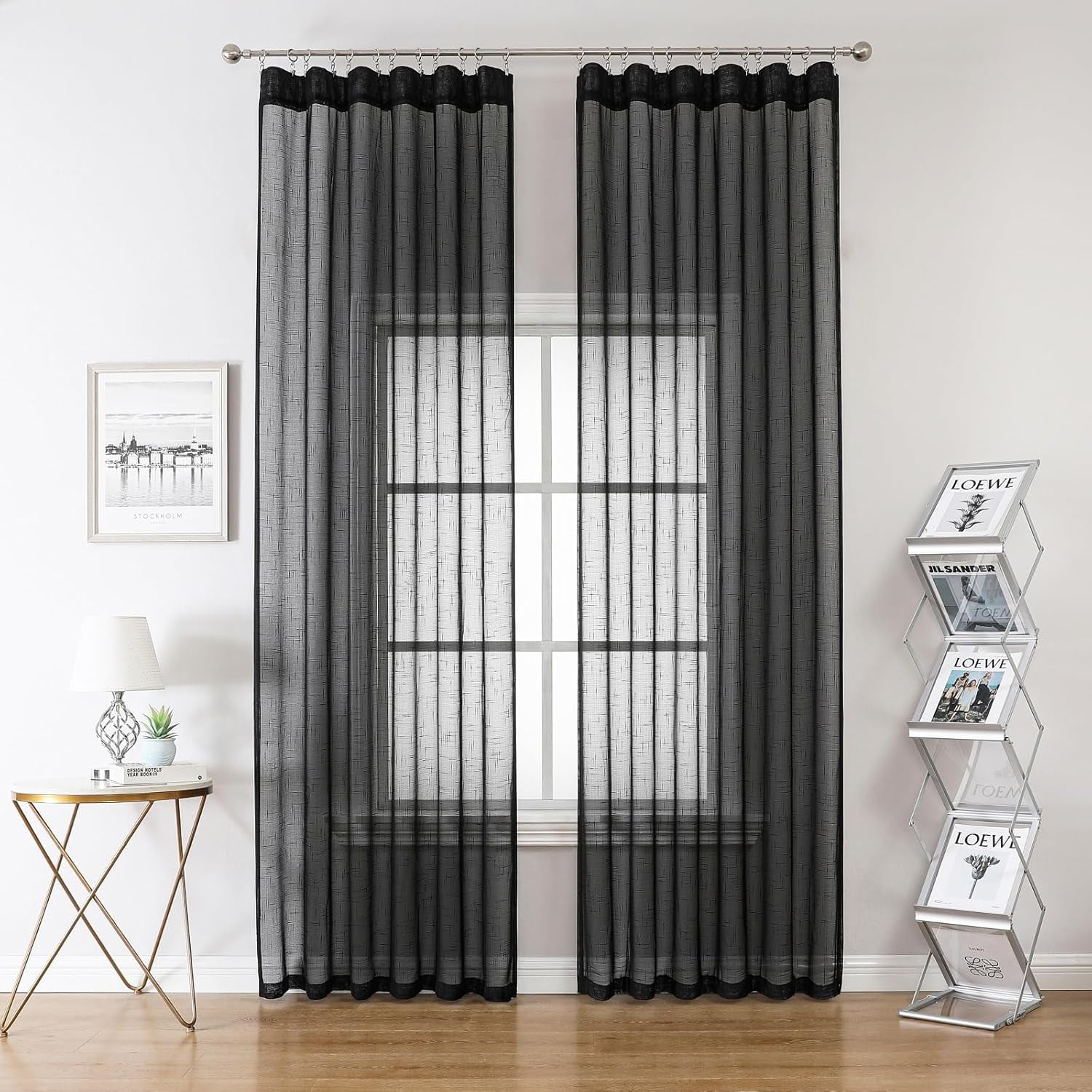 Black Linen Look Sheer Curtains 84 Inches Long 2 Panels, Rustic ...
