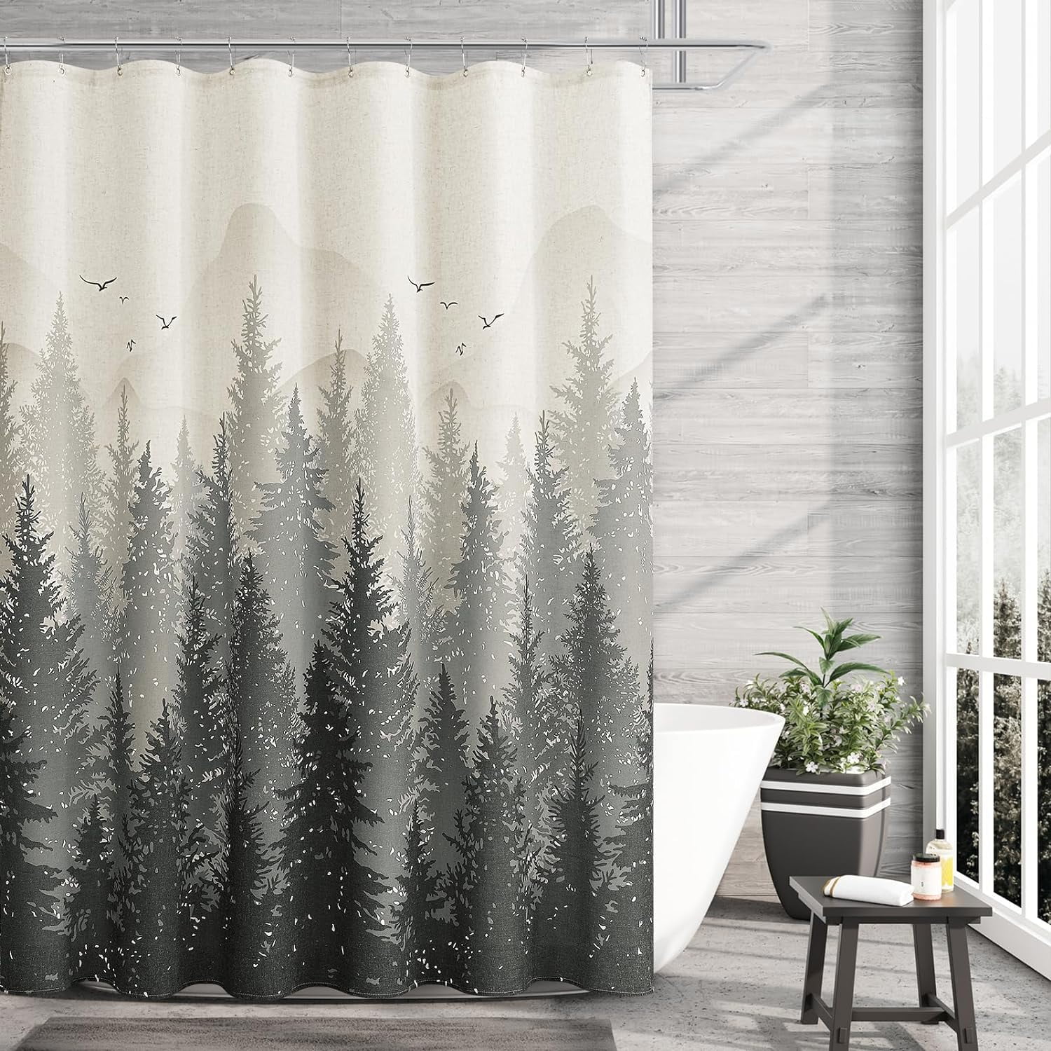 Black Linen Misty Forest Shower Curtain 78 inches Long Rustic Cream Linen Fabric Shower Curtain ...