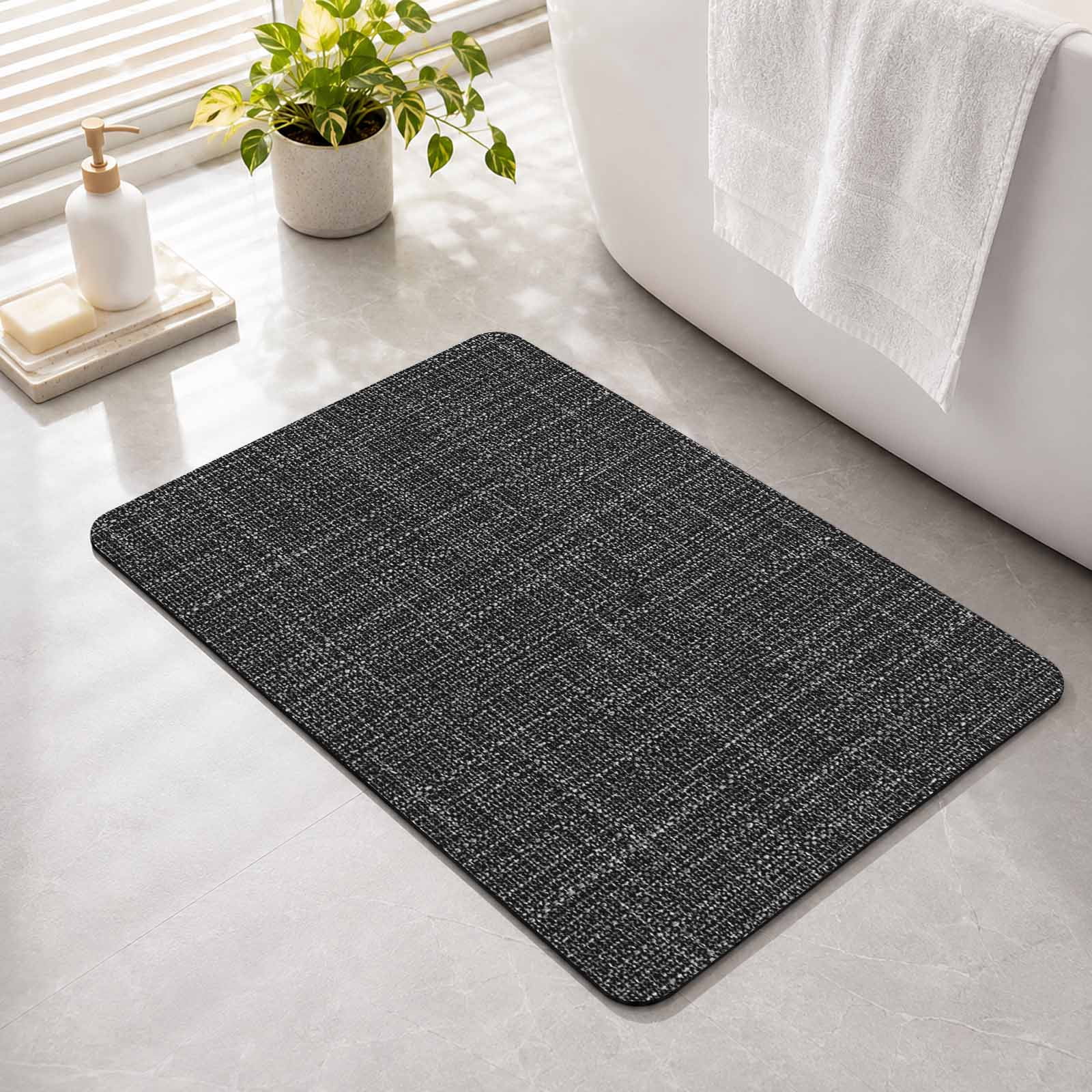 Black Linen Non Slip Bathroom Mat, Rustic Boho Natural Luxury Fabric ...
