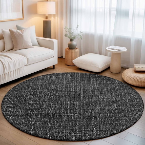Black Linen Round Area Rugs 3 ft, Rustic Boho Natural Luxury Fabric ...