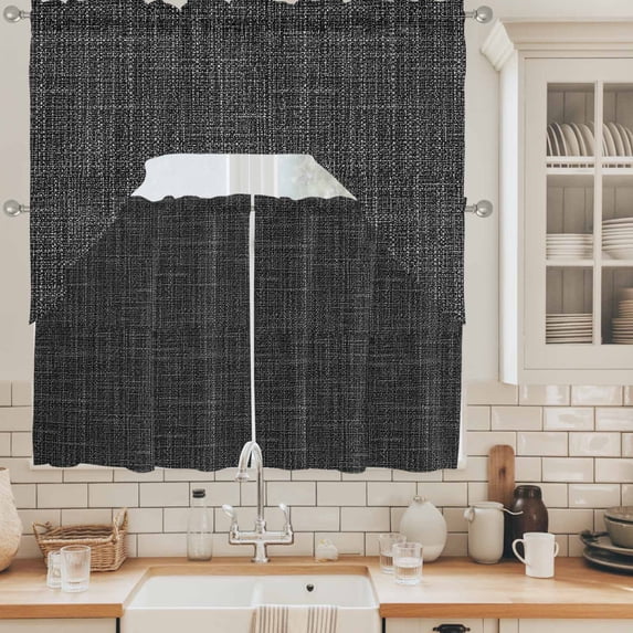 Black Linen Swag Curtains Valance and Tier Set, Rustic Boho Natural ...