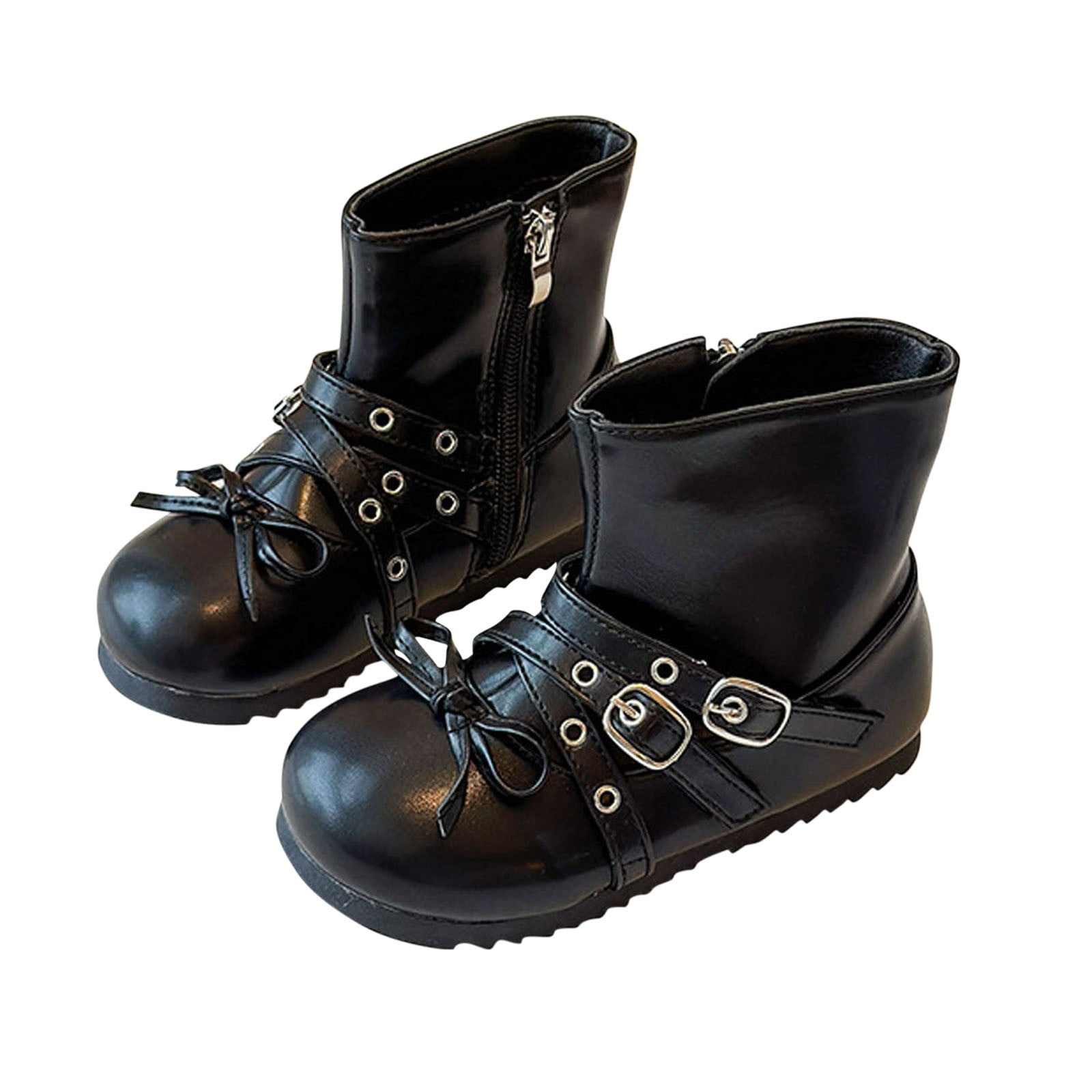 Black Little Girls Ankle Boots Artificial Leather Upper Metal Buckles ...