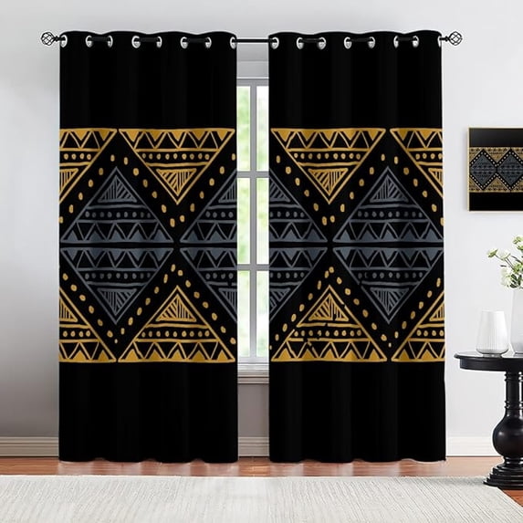 Black Living Room Blackout Curtains, Abstract 3D Black Gold Geometric ...