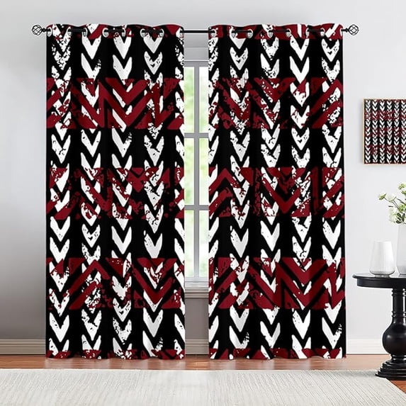 Black Living Room Blackout Curtains, Red White 3D Geometric Print ...
