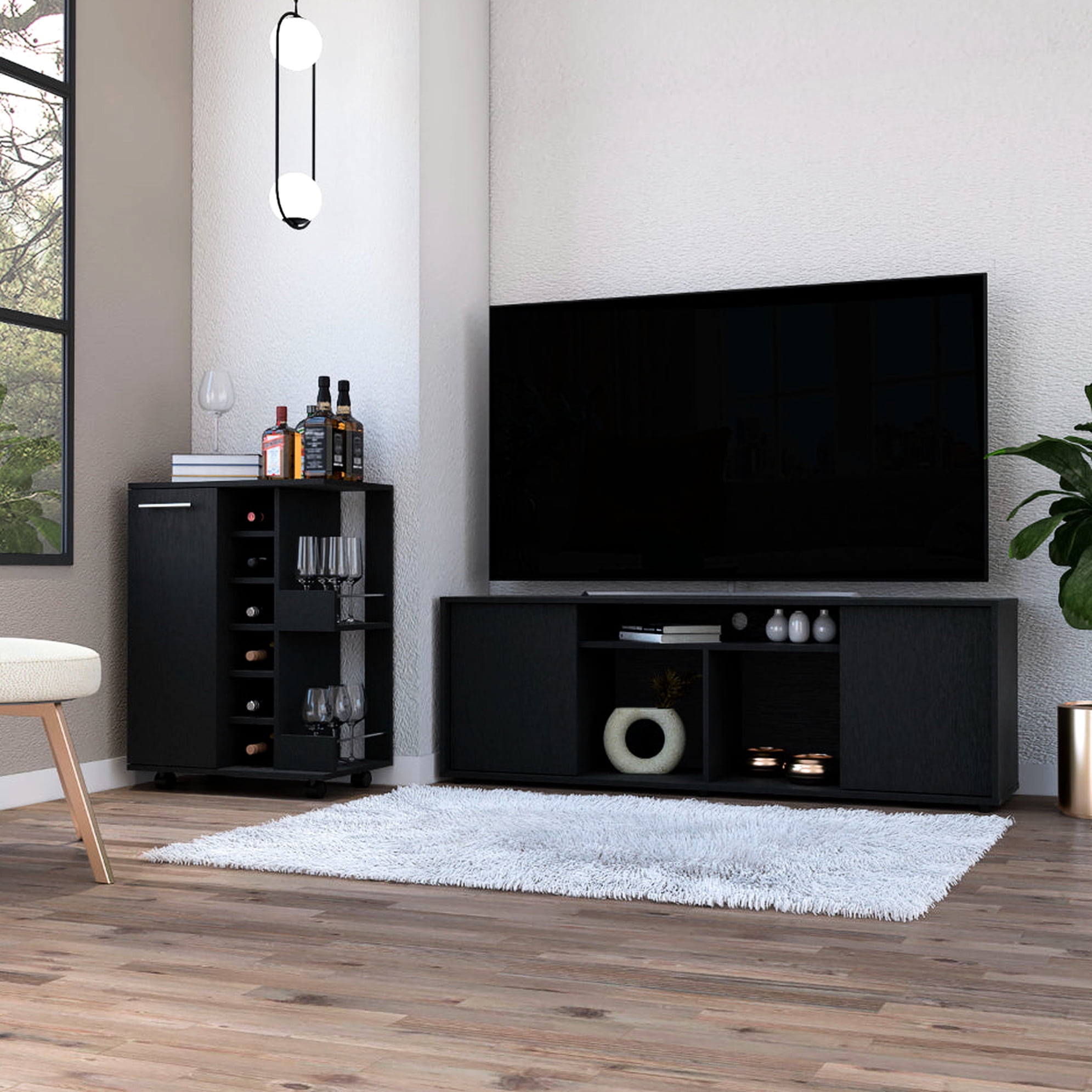Black Living Room Ensemble: Bar Cart & Tv Stand. Simple Assembly With ...