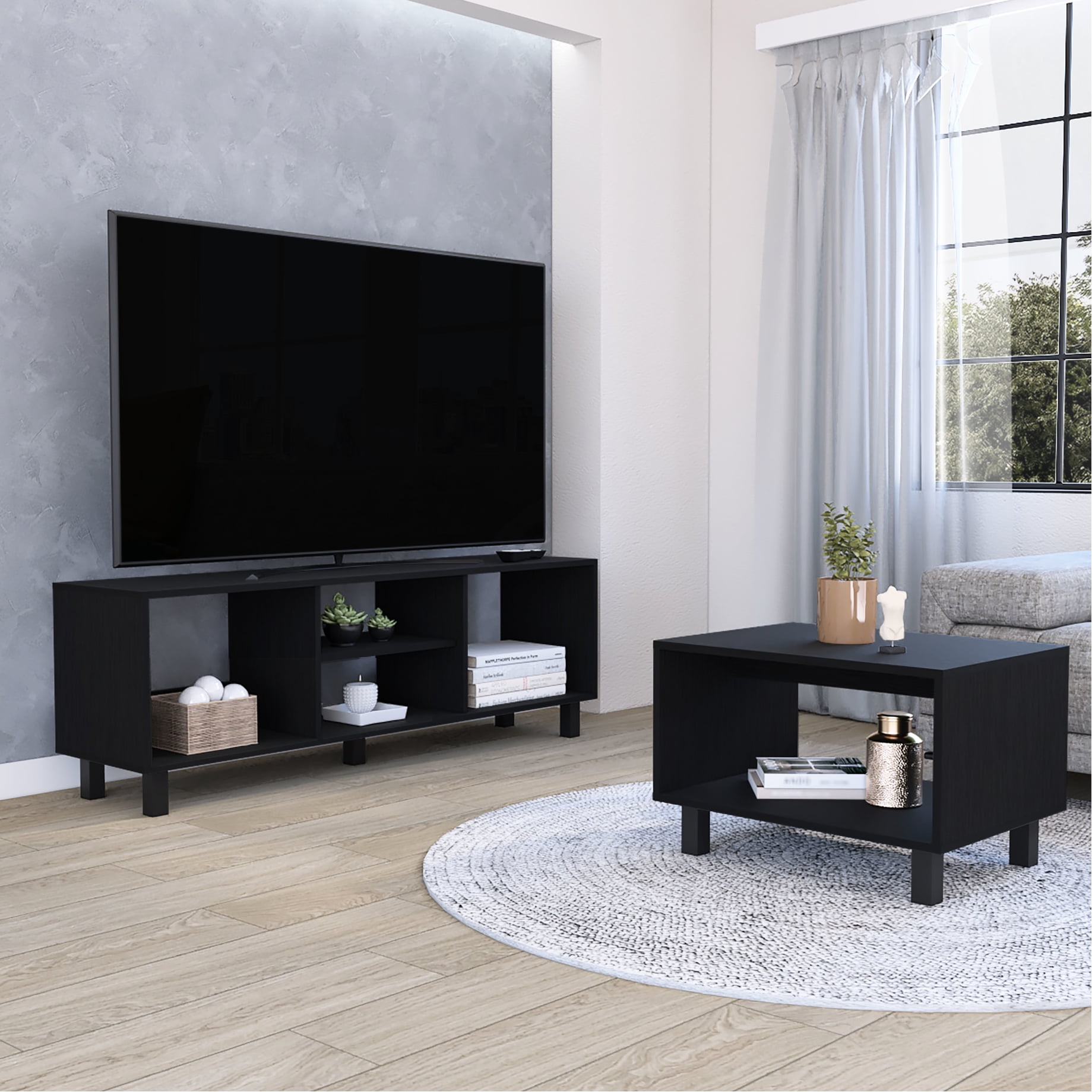 Black Living Room : Tv Stand With Shelf & Coffee Table, Modern In Black ...