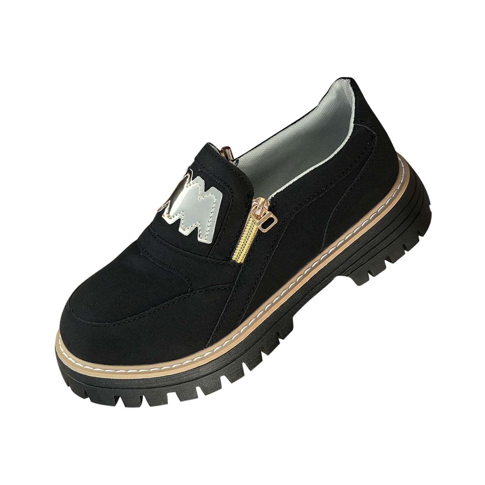 Black Loafers For Ladies Round Toe Side Zipper Raised Sole Mid Heel ...