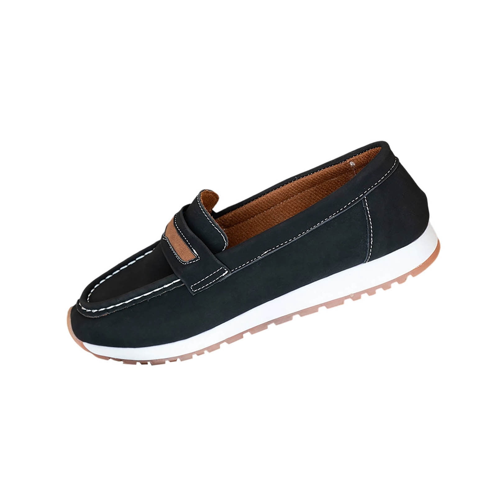 Black Loafers For Ladies British Style With Colorblock Round Toe Flat ...