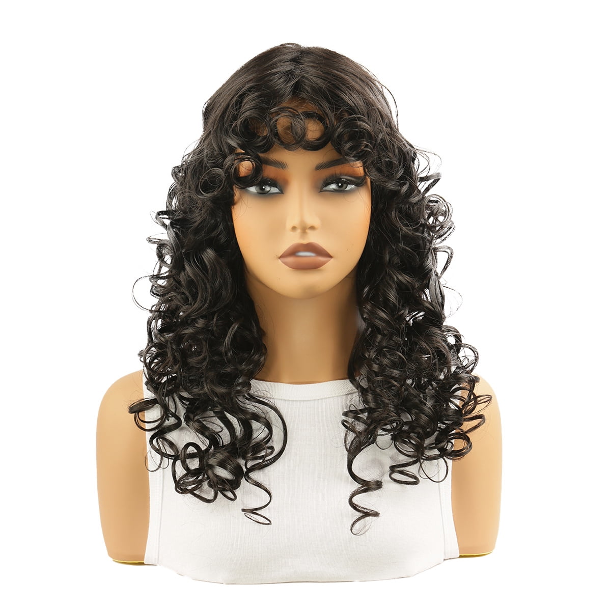 Black Long Curly Fluffy Wig for Women with Deep Waves and Bangs ...