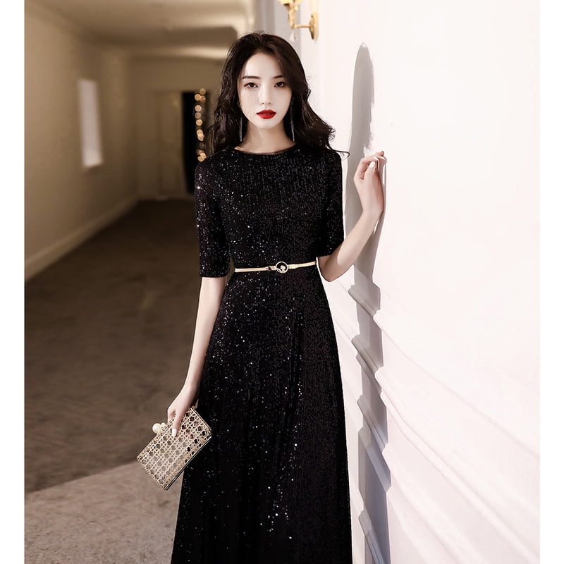 Black Long Evening Dresses 2024 Elegant O Neck A Line Sequined Formal ...