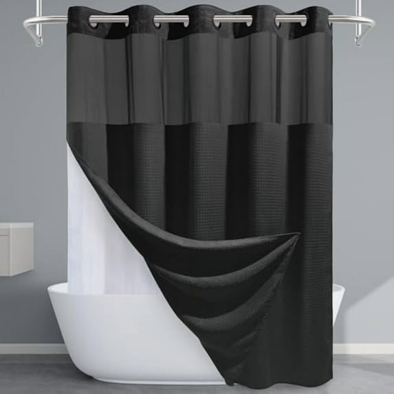 Black Long Shower Curtain with Liner - 230GSM Waffle Textured Heavy ...