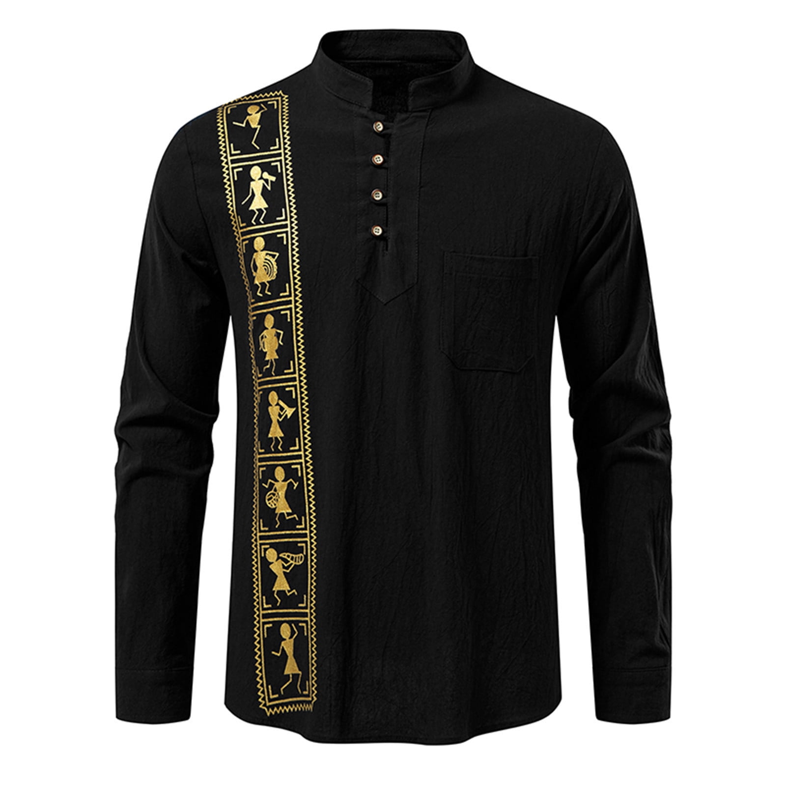 Black Long Sleeve Shirts for Mens Fall Summer Collared Neck Faux Linen ...