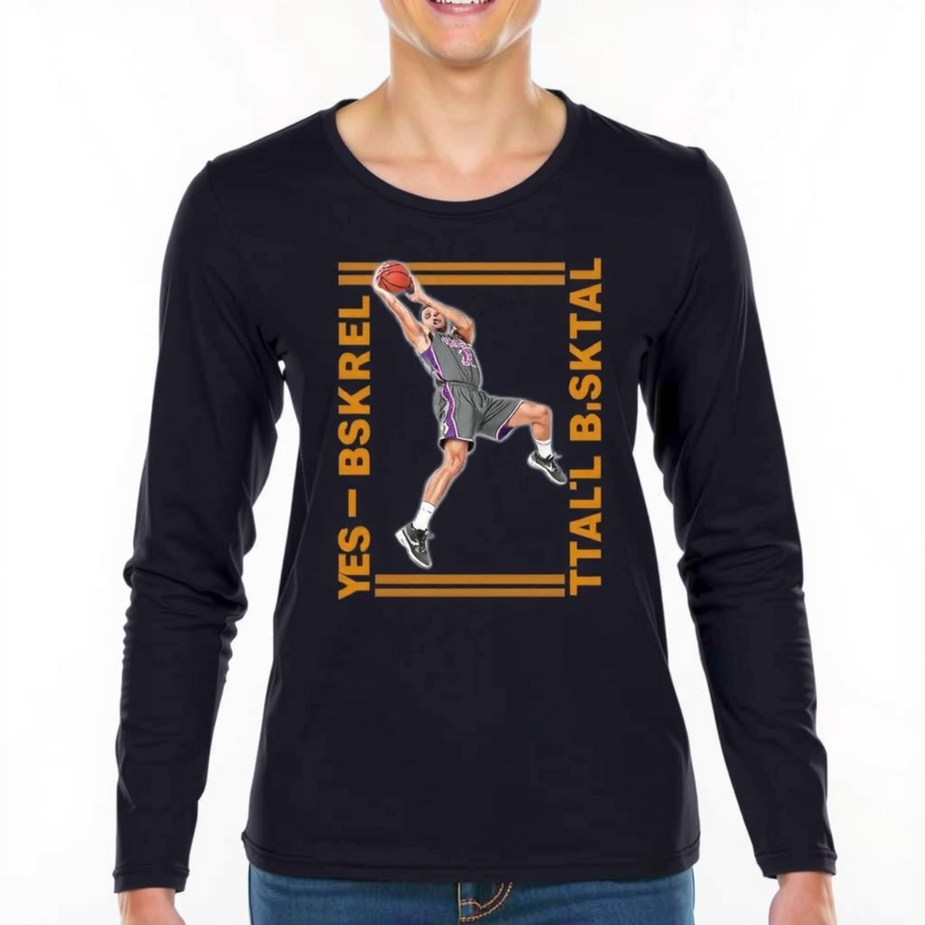 Black Long Sleeve T-Shirt featuring a Dunking Basketball Player with ...