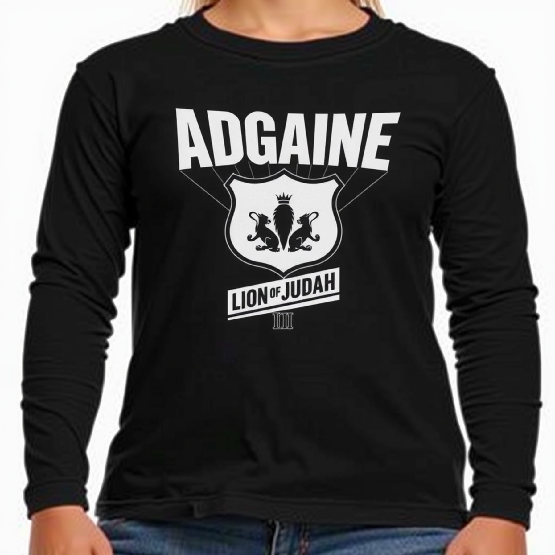 Black Long Sleeve T-Shirt with 'ADGAINE' Design Lion of Judah and Roman ...