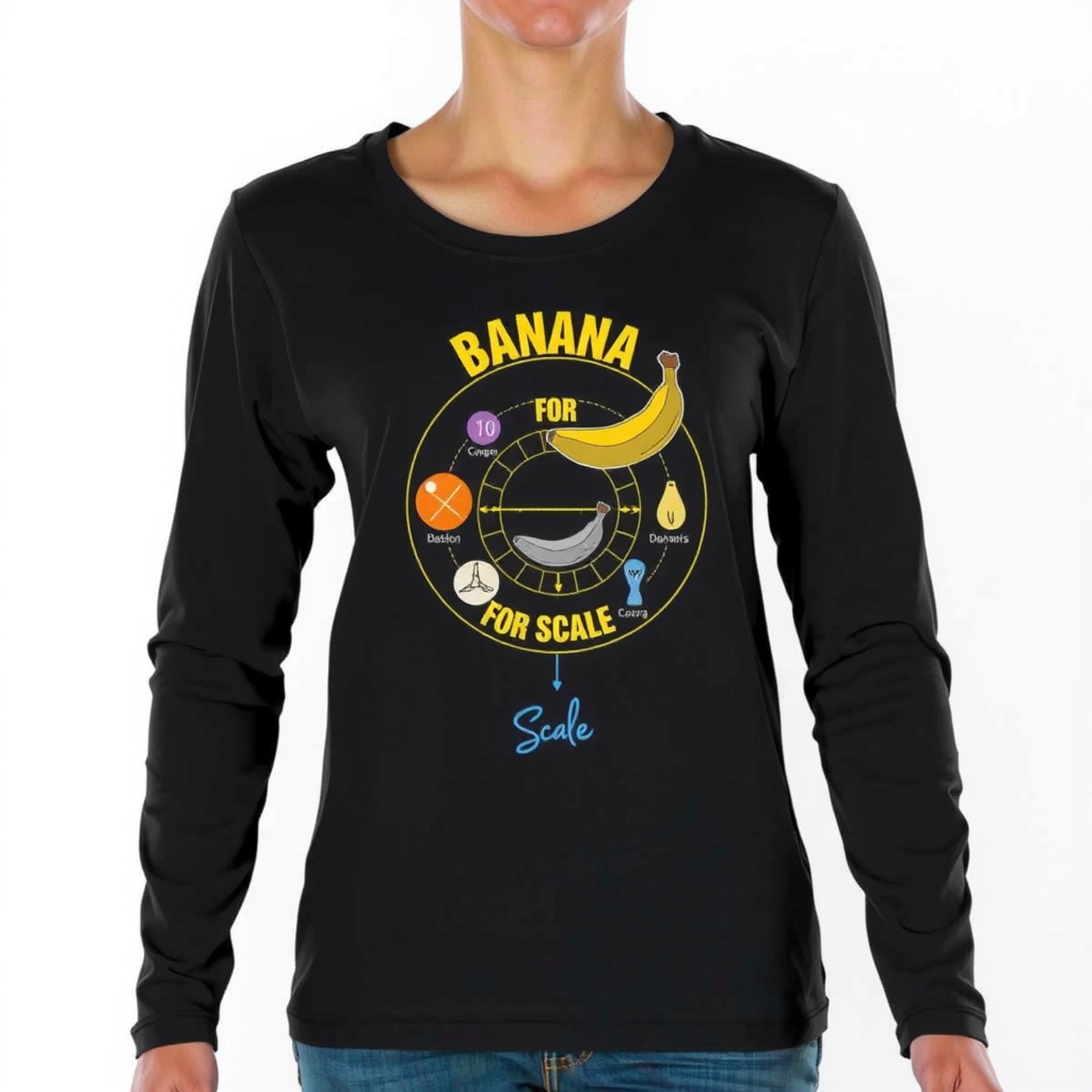 Black Long Sleeve T-Shirt with 'BANANA FOR SCALE' Graphic - Fun Size ...