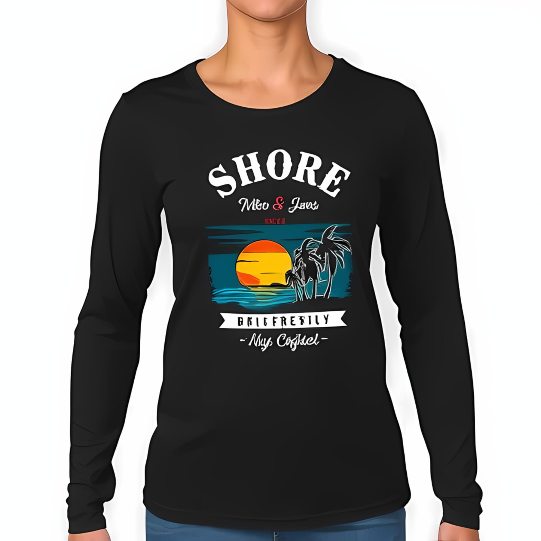 Black Long Sleeve T-Shirt with Beach Design - "SHORE" & Javi "Briefly ...