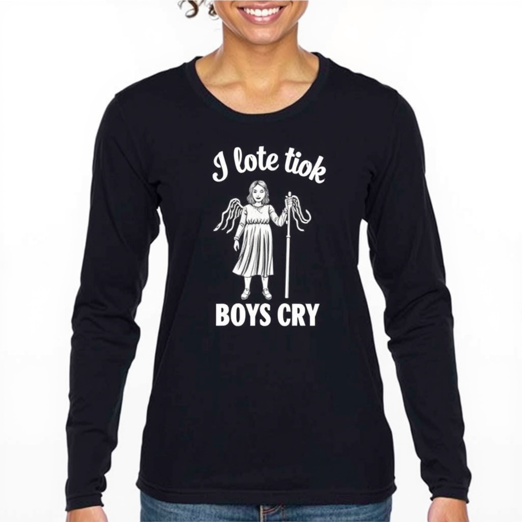 Black Long Sleeve T-Shirt with Bold Graphic Design: "I lote tiok ...