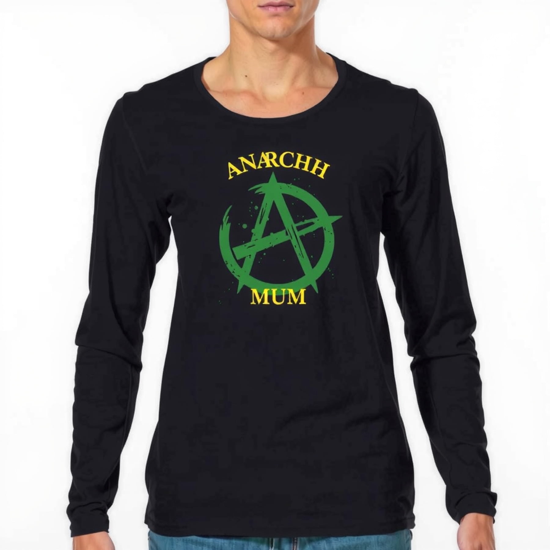 Black Long Sleeve T-Shirt with Bold Green Anarchist Symbol & Yellow ...