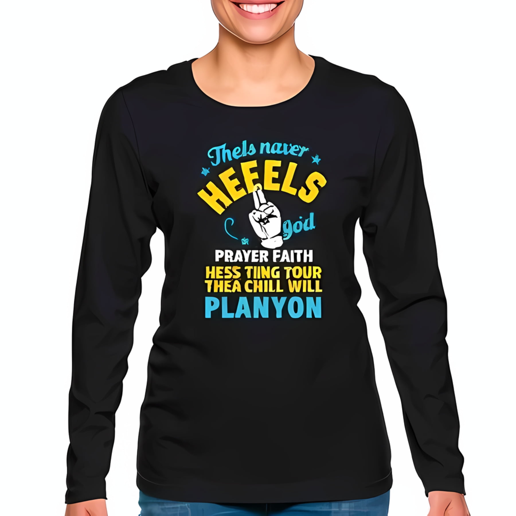 Black Long Sleeve T-Shirt with Bold " Thels nauer HEELS god " Graphic ...