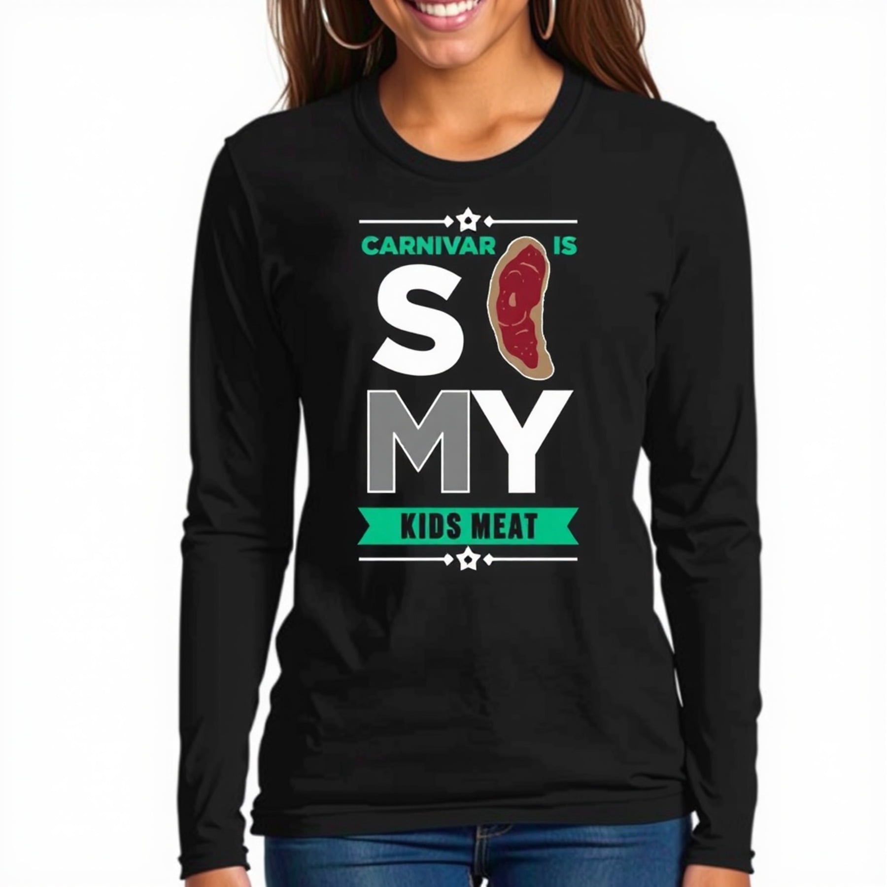 Black Long Sleeve T-Shirt with 'CARNIVAR IS MEAT' Graphic Teal Textand ...