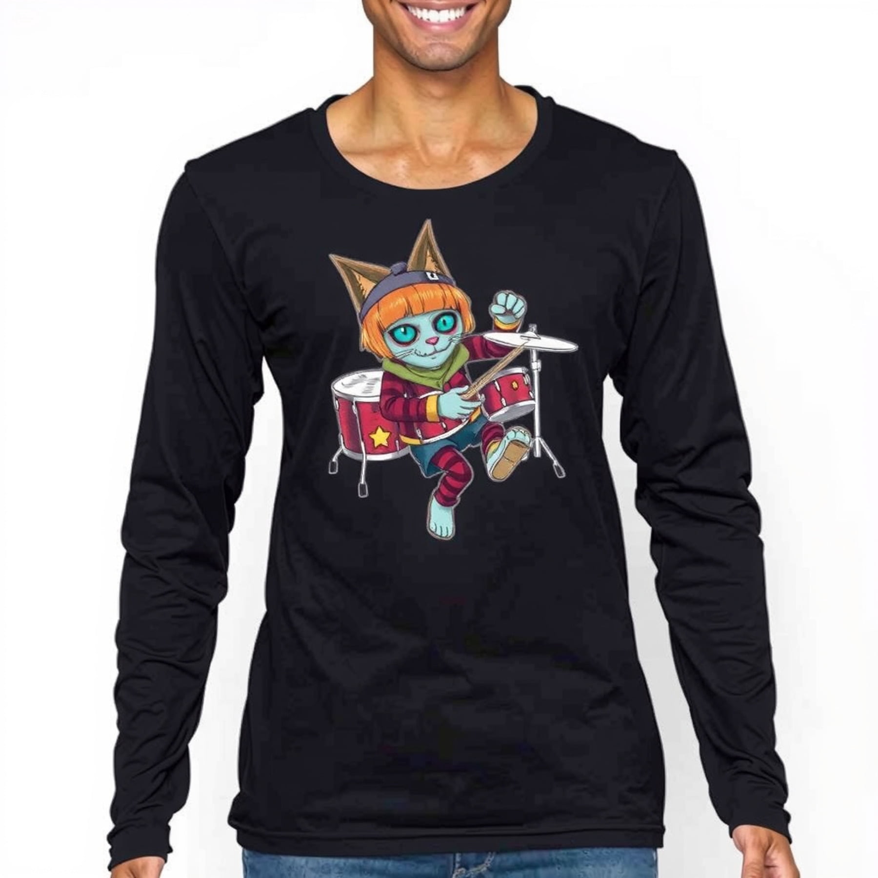 Black Long Sleeve T-Shirt with Cartoon Cat Drummer Design - Fun and ...