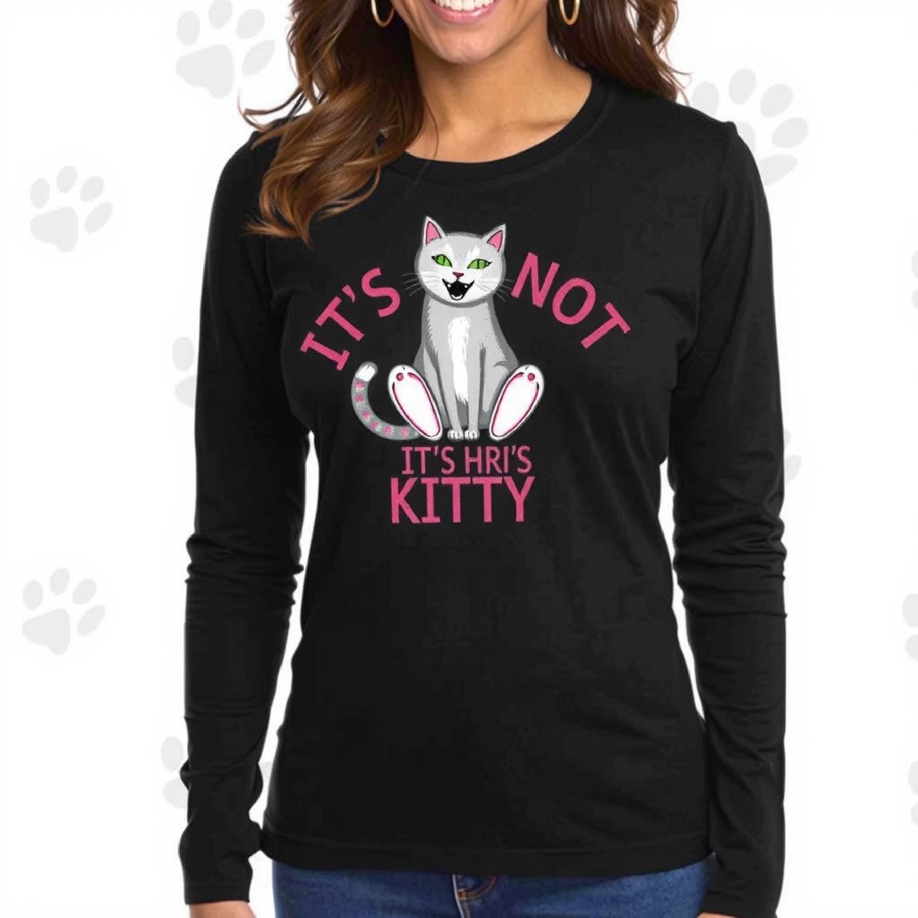 Black Long Sleeve T-Shirt with Cartoon Cat Graphic - "It's Not It's HRI ...