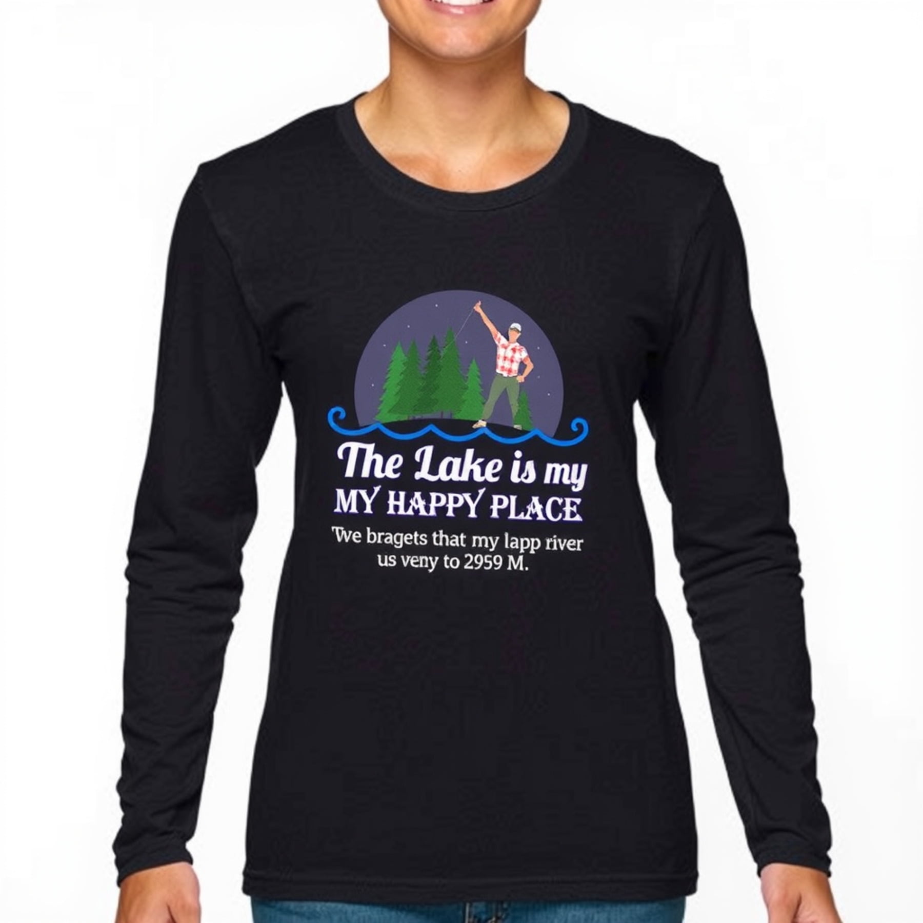 Black Long Sleeve T-Shirt with Cartoon Fishing Design - "The Lake is my ...
