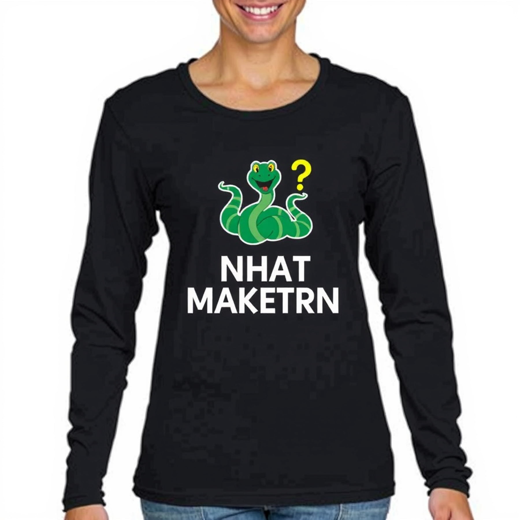 Black Long Sleeve T-Shirt with Cartoon Green Snake Graphic and 'NHAT ...