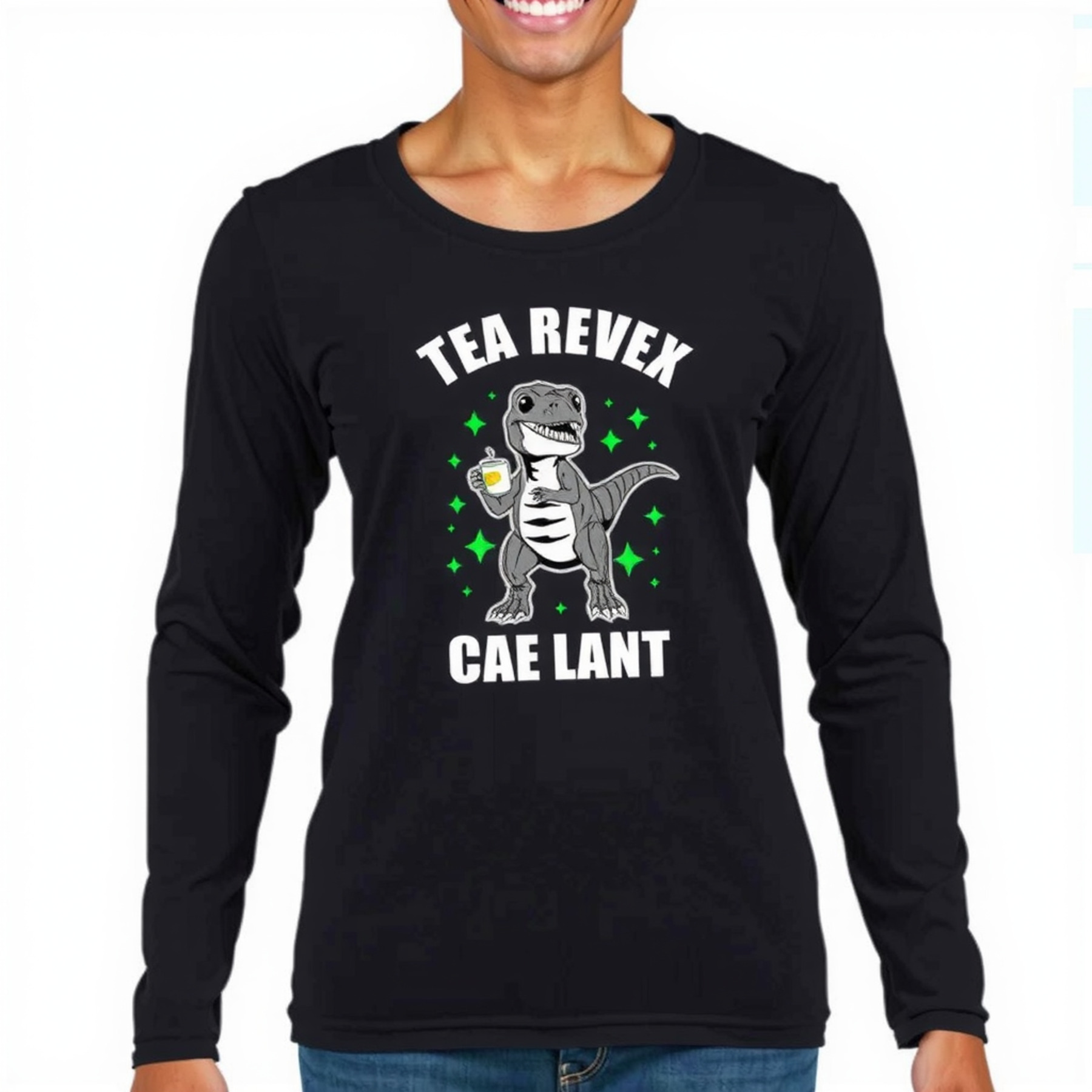 Black Long Sleeve T-Shirt with Cartoon Holding Tea - "TEA REVEX" & "CAE ...