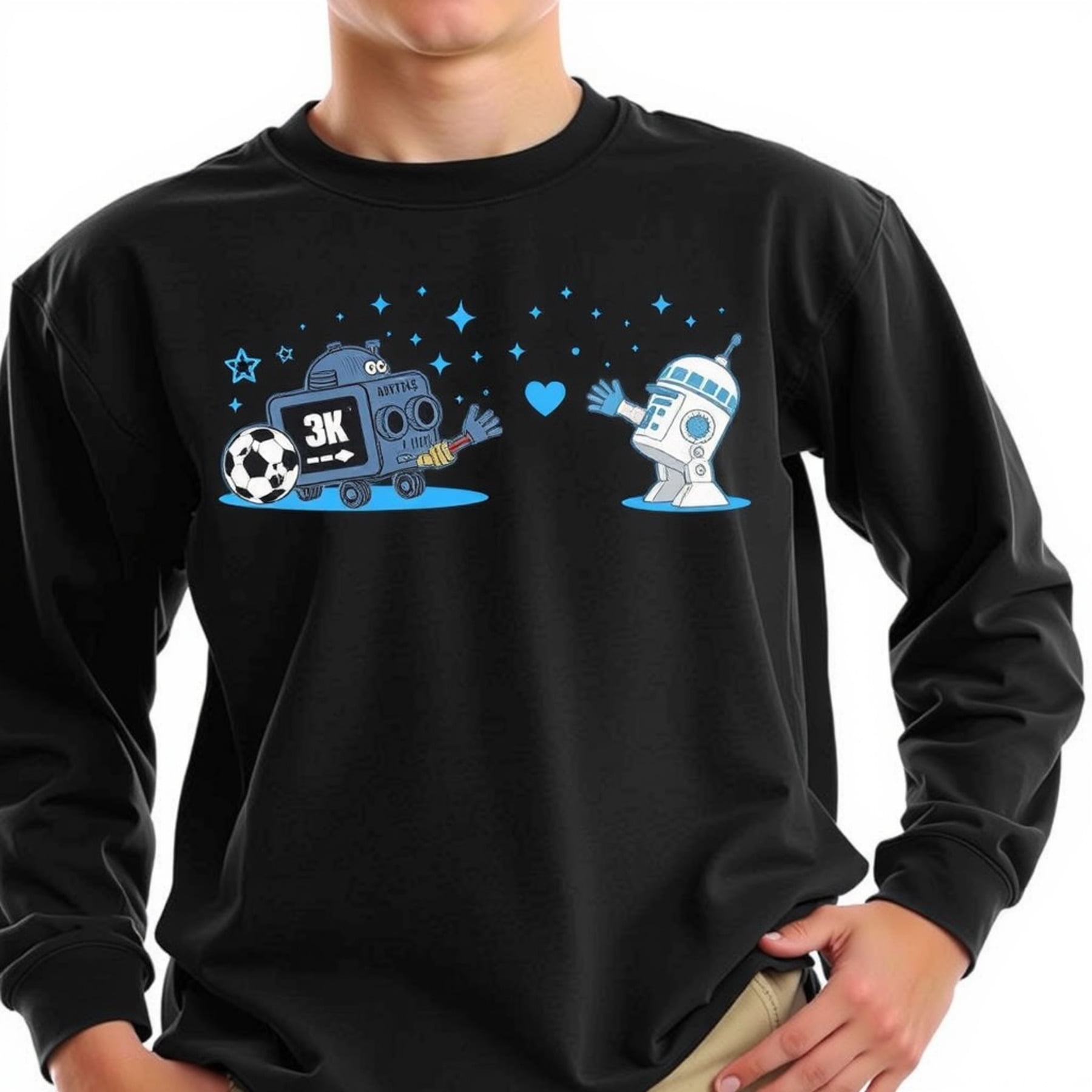 Black Long Sleeve T-Shirt with Cartoon Robots Graphic - Vintage TV ...