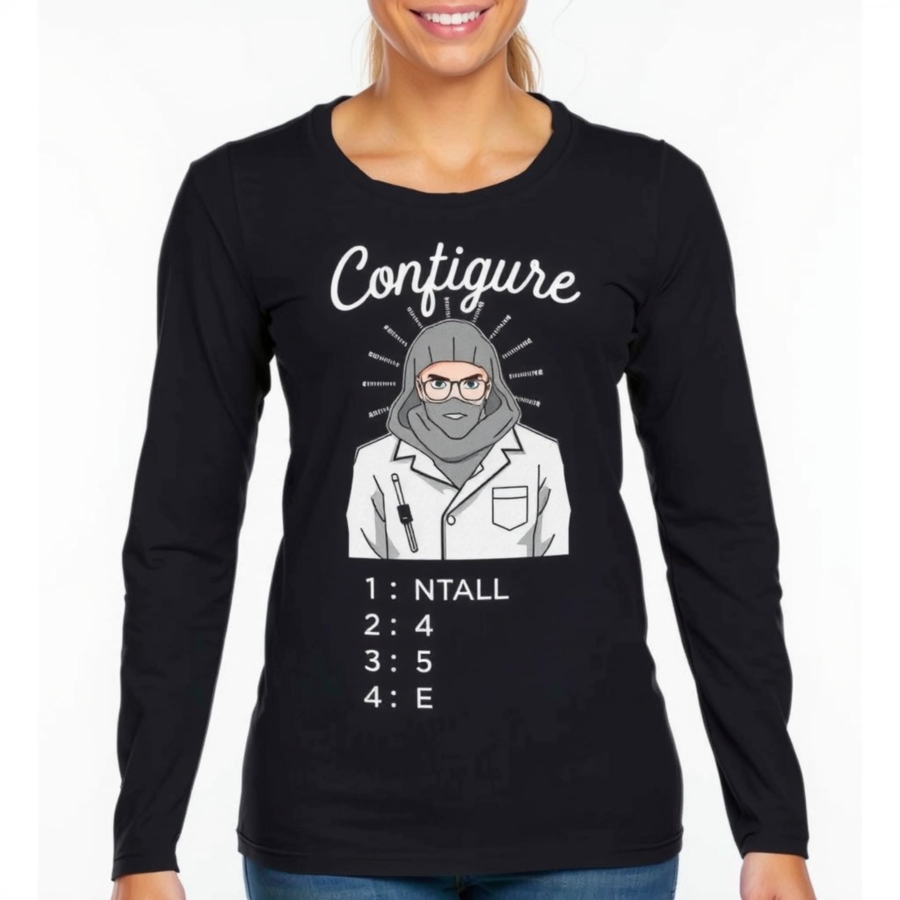 Black Long Sleeve T-Shirt with Cartoon Scientist Graphic - Fun Design ...