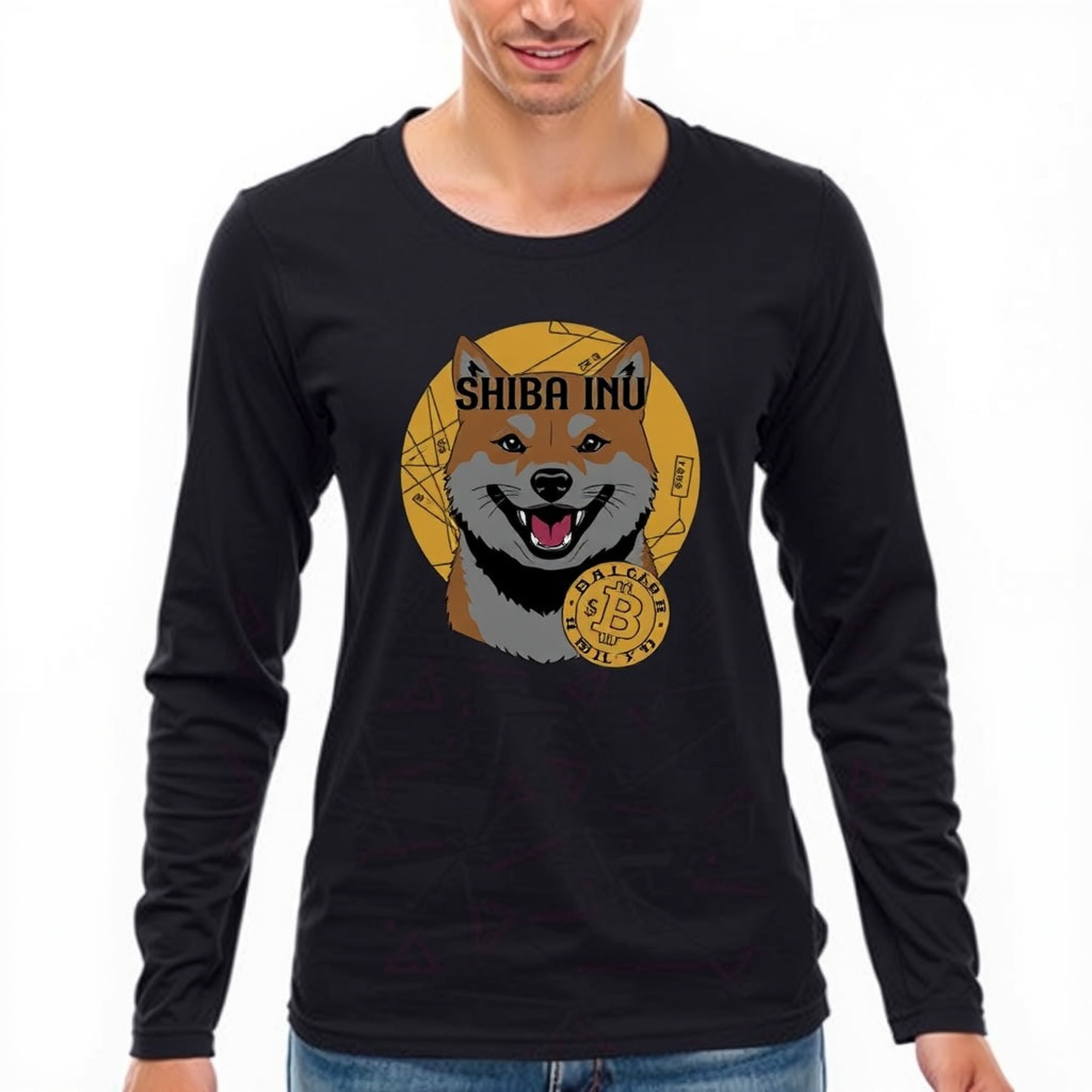 Black Long Sleeve T-Shirt with Cartoon Shiba Inu Graphic Stylish & Fun ...