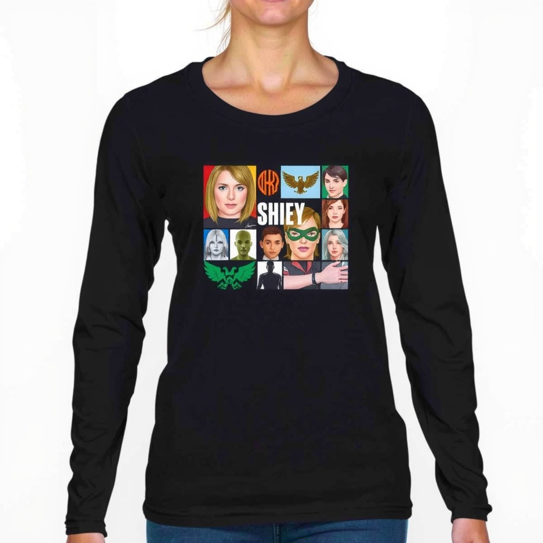 Black Long Sleeve T-Shirt with Colorful Women Portraits HIEY' Graphic ...