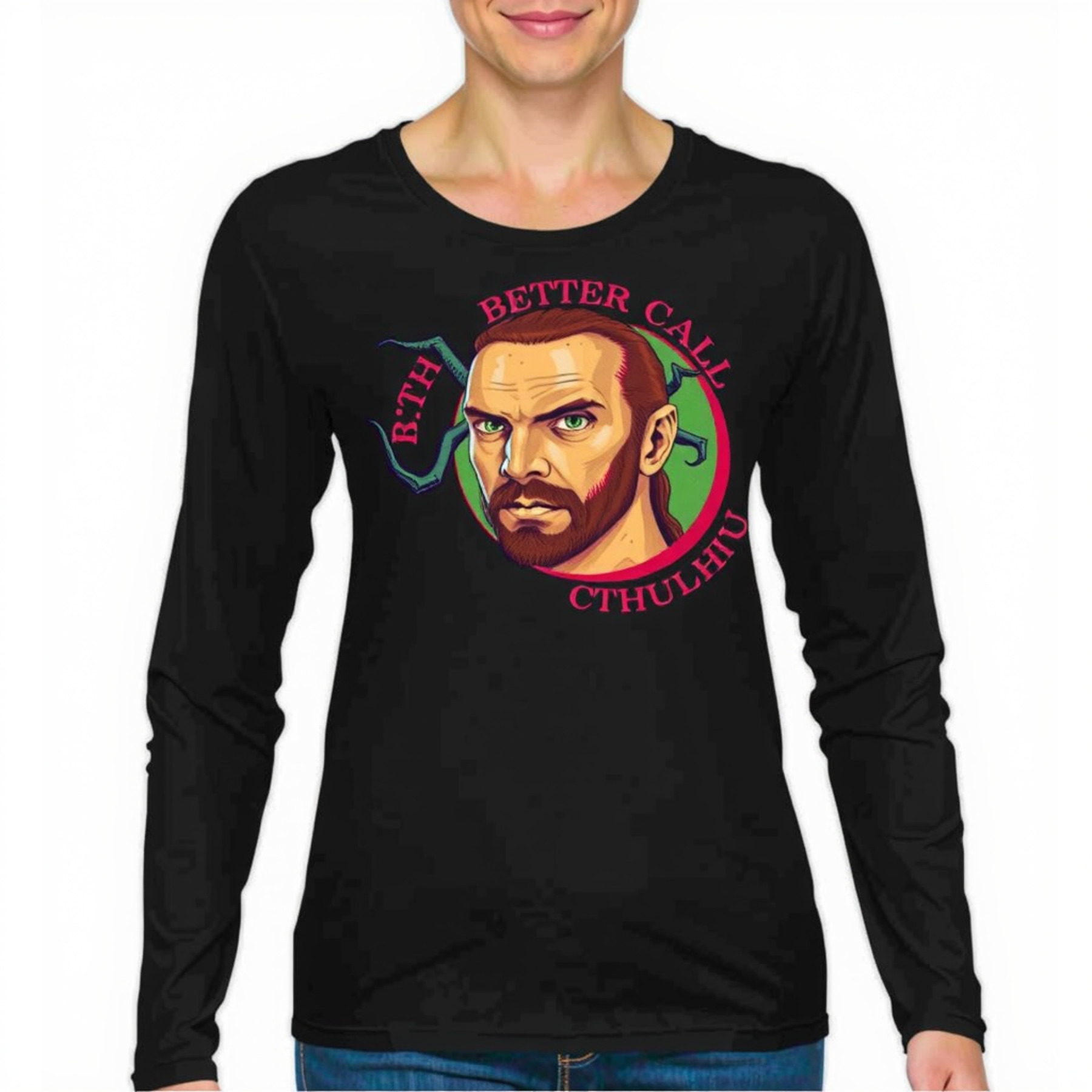Black Long Sleeve T-Shirt with Cthulhu Design - Portrait of Bearded Man ...