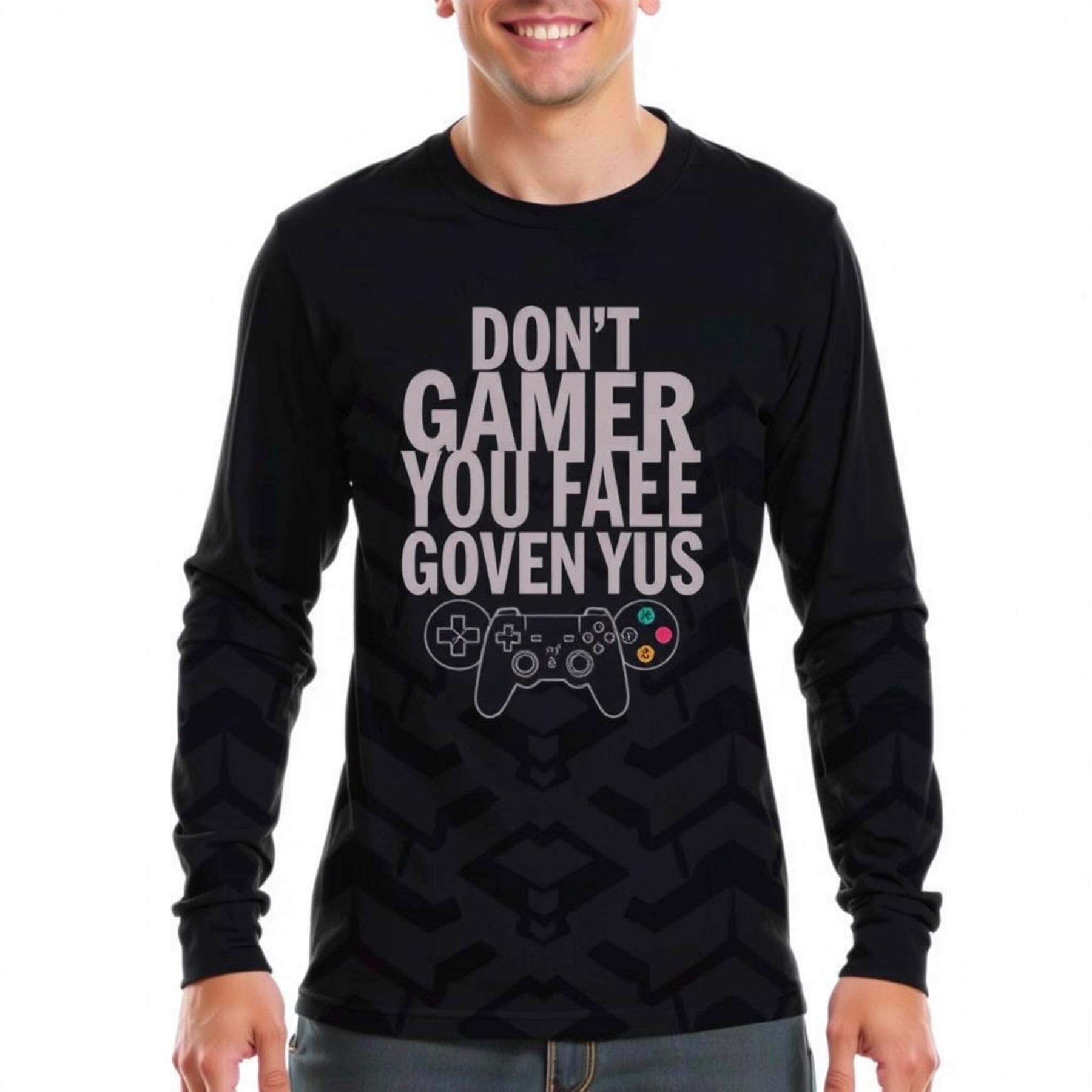 Black Long Sleeve T-Shirt with 'DON'T GAMER YOU GOVEN YUS' Graphic ...