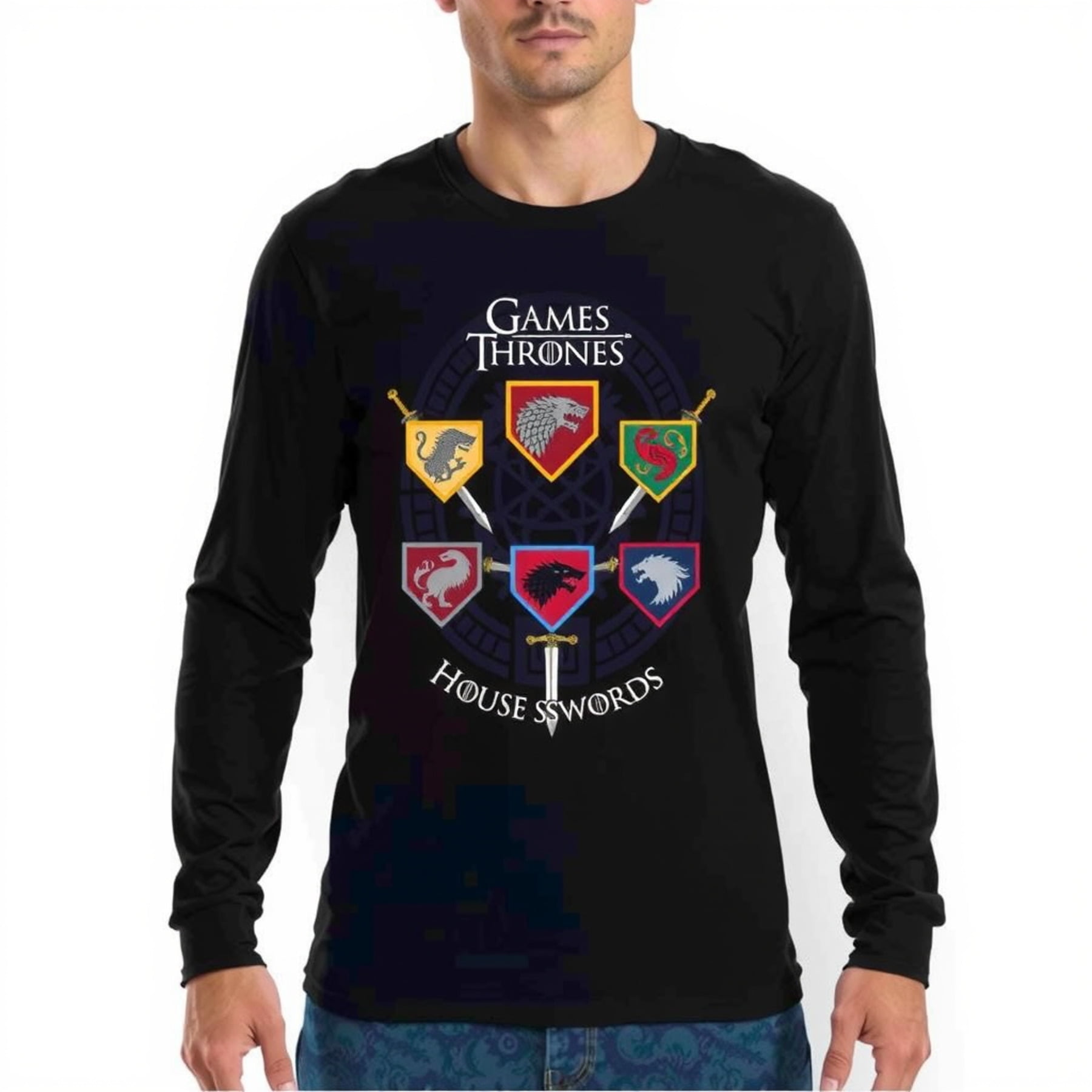 Black Long Sleeve T-Shirt with Design - House & Major House Crests for ...