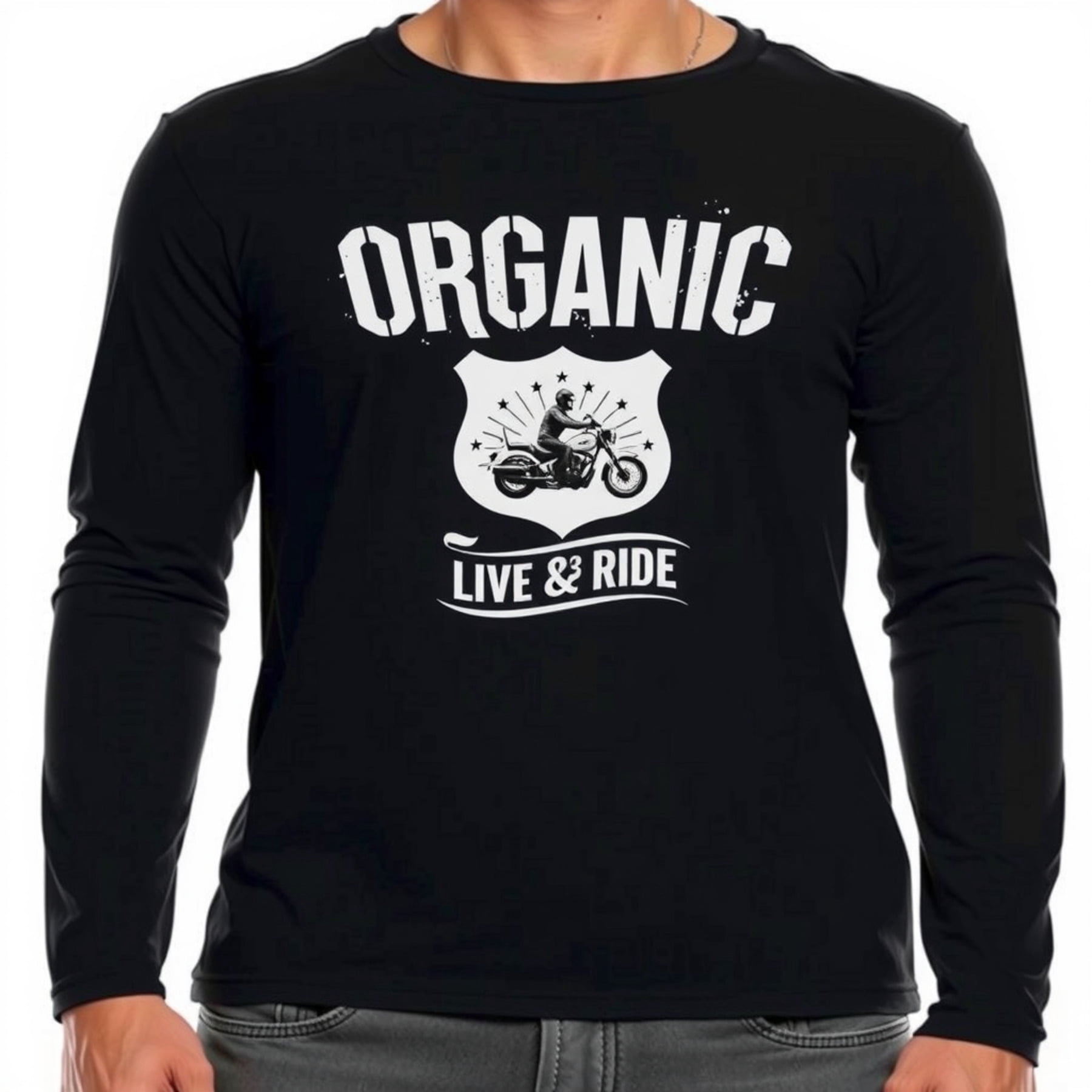 Black Long Sleeve T-Shirt with Design Motorcycle and 'LIVE & RIDE ...