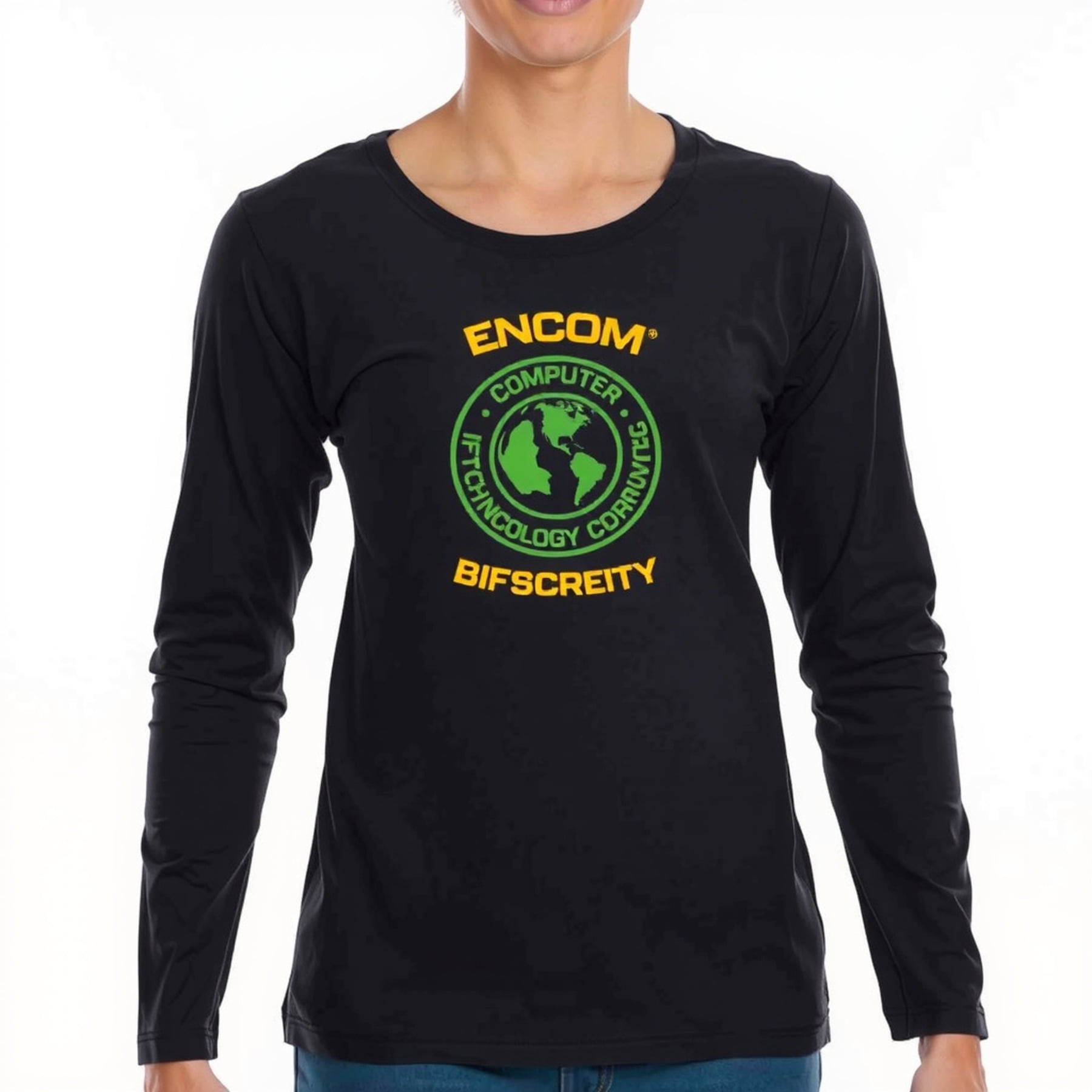 Black Long Sleeve T-Shirt with ENCOM Stylish Globe Designfor Tech ...