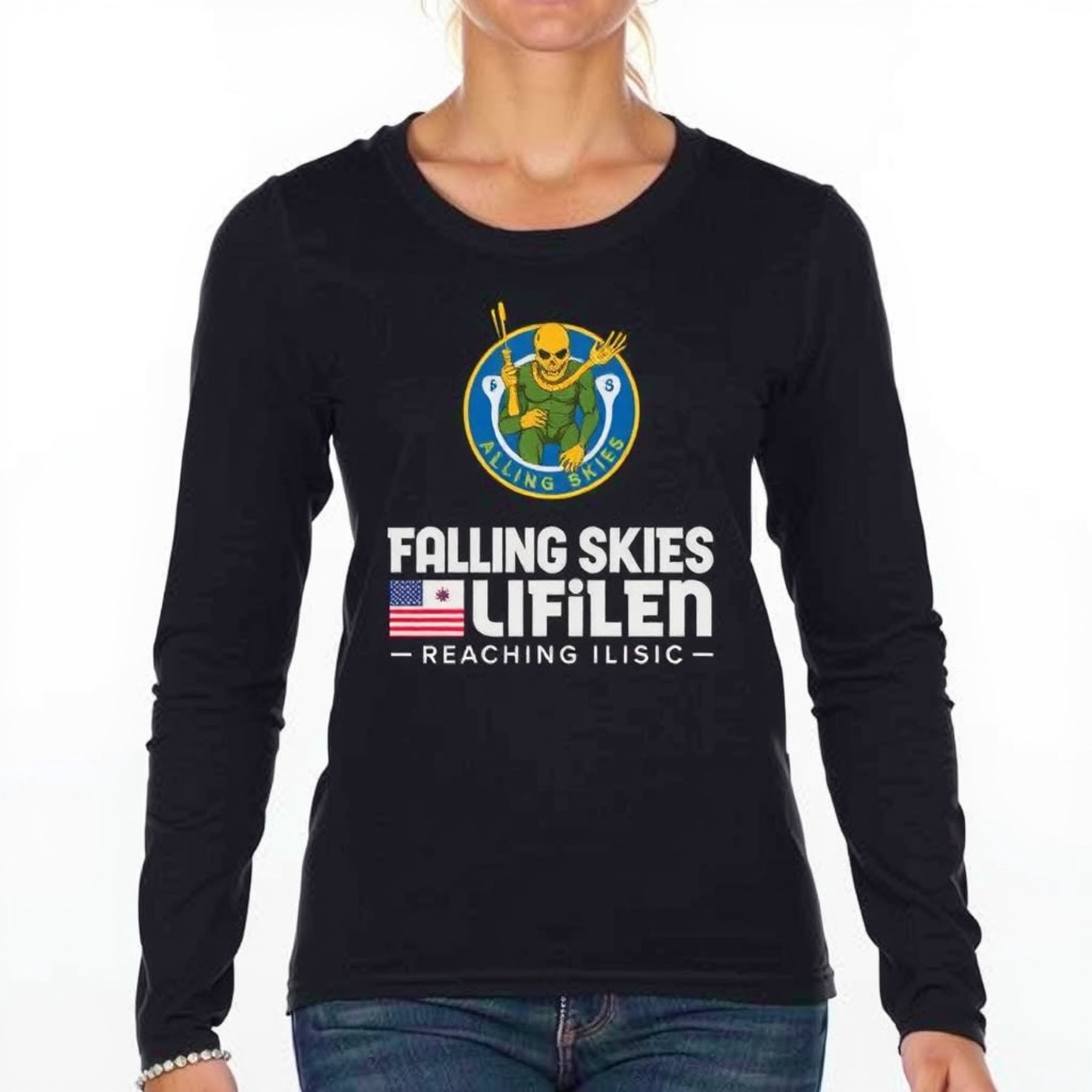 Black Long Sleeve T-Shirt with 'FALLING SKIES LIFILEN' Graphic ...