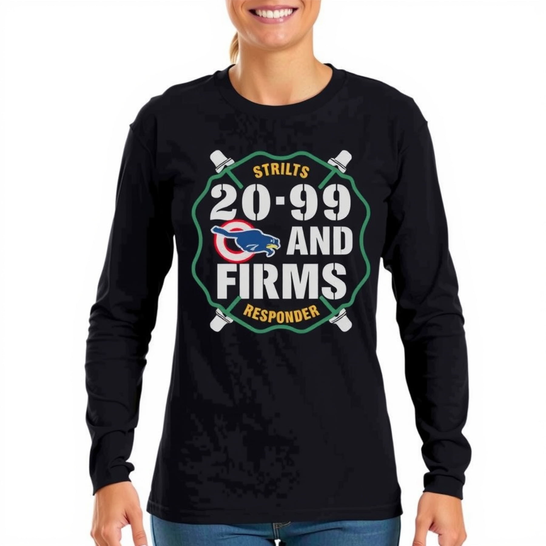 Black Long Sleeve T-Shirt with Fire Department Circular Design Casual ...
