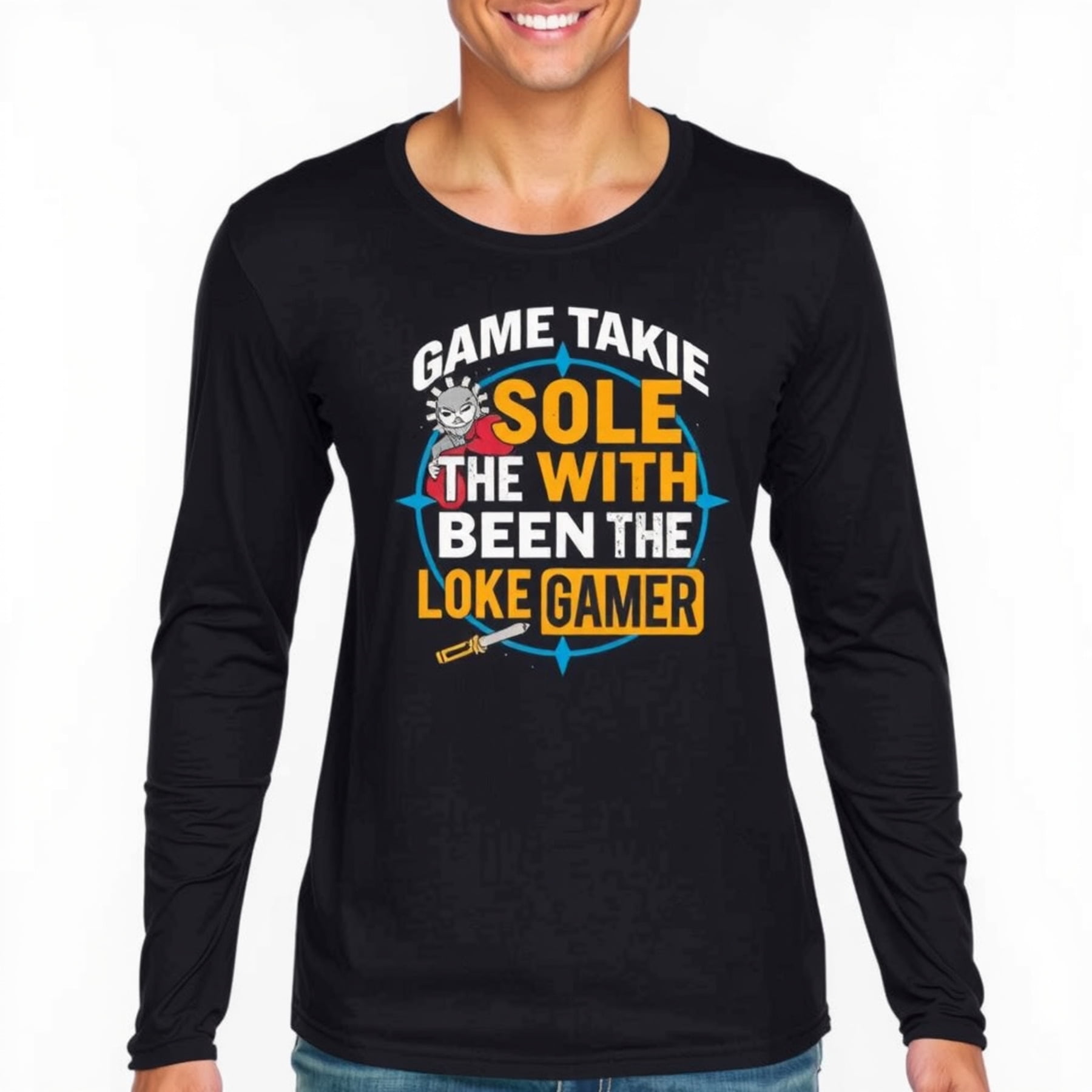 Black Long Sleeve T-Shirt with Gamer Graphic - "GAME TAKIE THE WITH ...