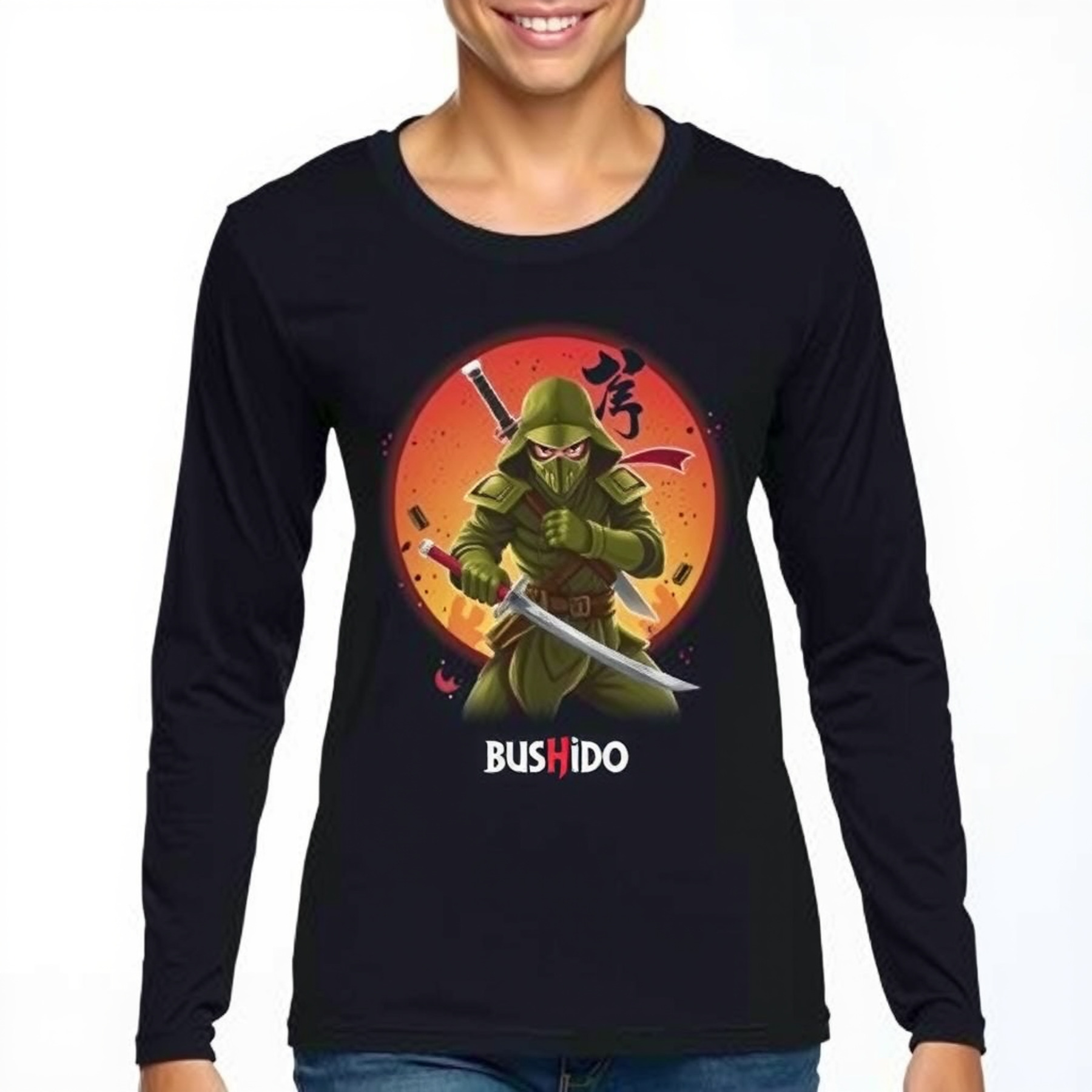 Black Long Sleeve T-Shirt with Graphic Bushido' Design in Hand Red Moon ...